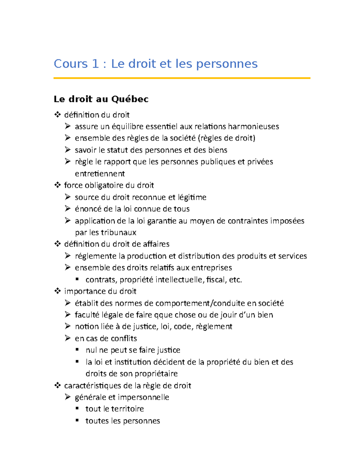 JUR1031 - Cours 1 - Cours 1 : Le droit et les personnes Le droit au ...