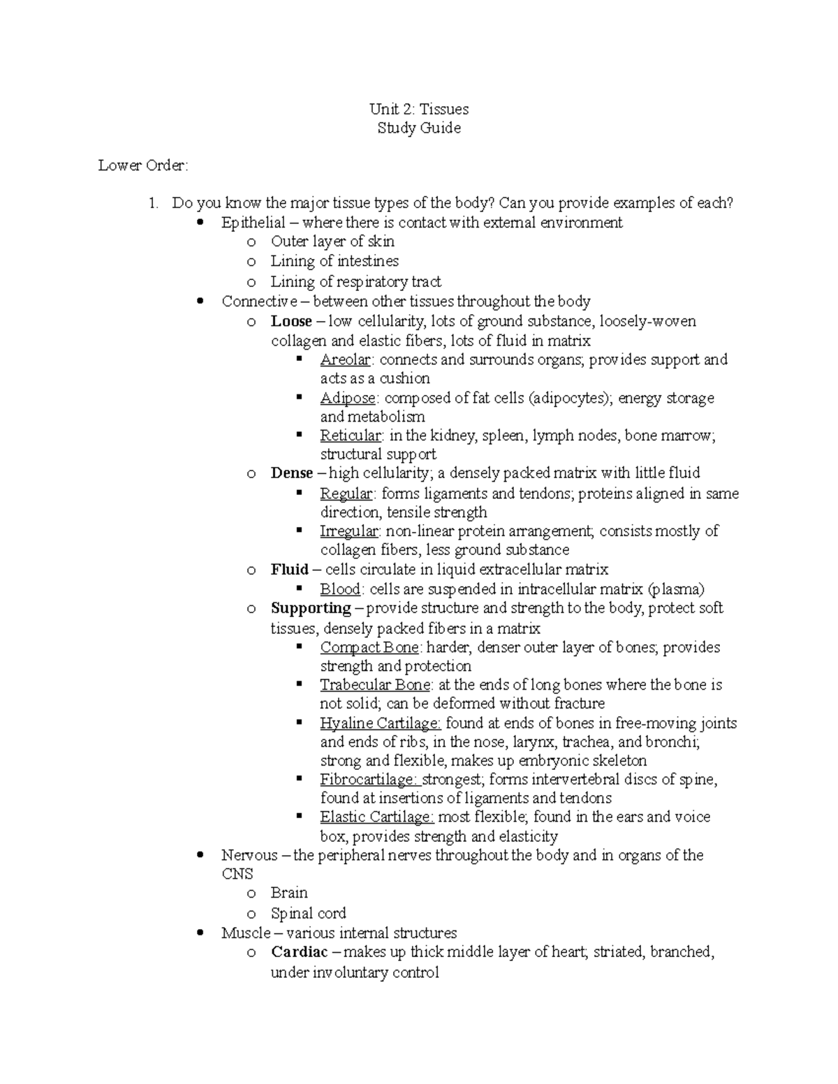 Unit 2 Study Guide - Redden, Krauss PNB 2264 - Unit 2: Tissues Study ...