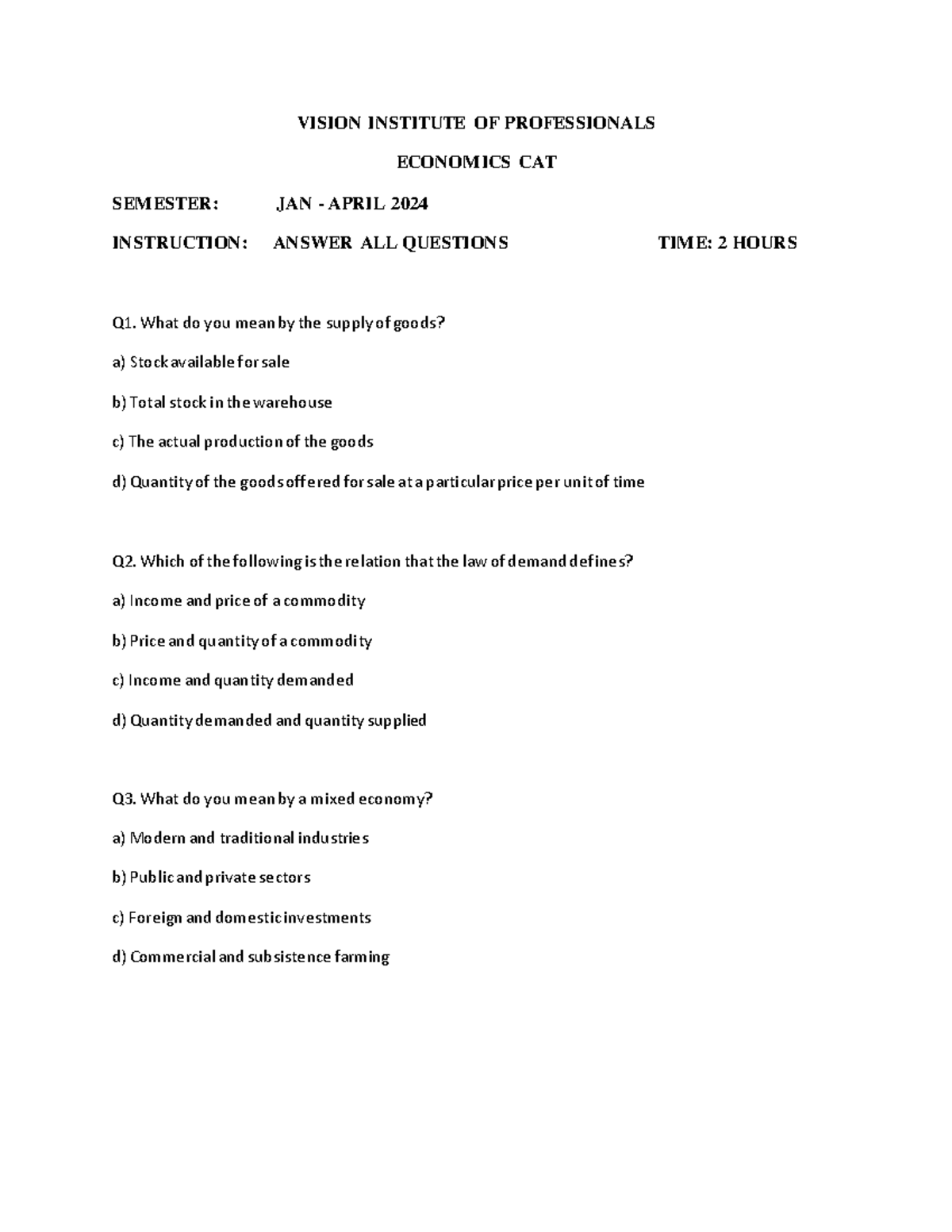 Economics MCQs - VISION INSTITUTE OF PROFESSIONALS ECONOMICS CAT ...