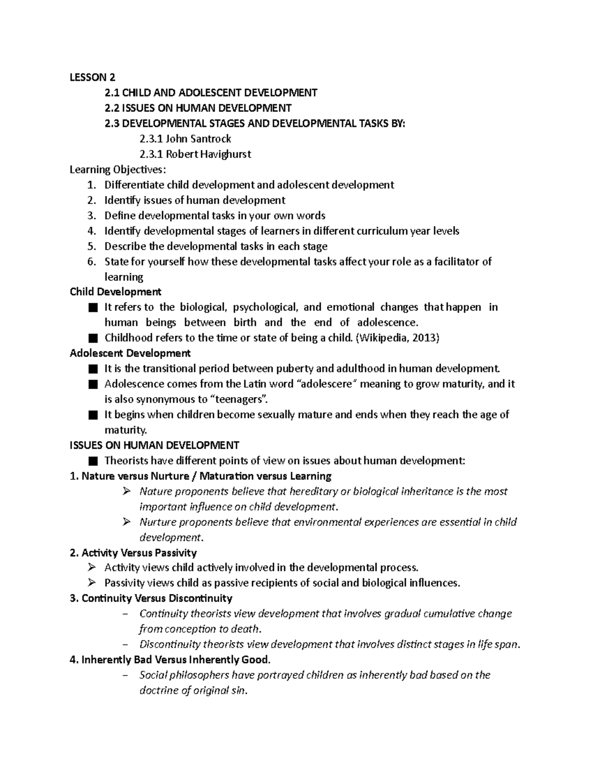 FTC1 lesson 2 - Lecture notes 2 - LESSON 2 2 CHILD AND ADOLESCENT ...