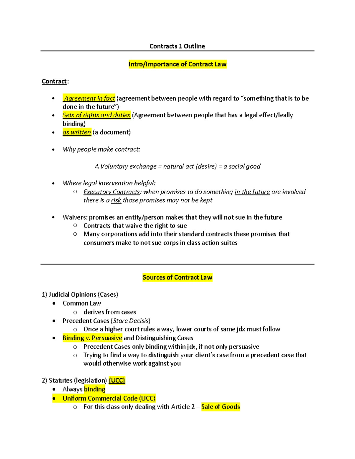 Contracts I Outline First Semester Of Contracts Contracts 1 Outline Intro Importance Of