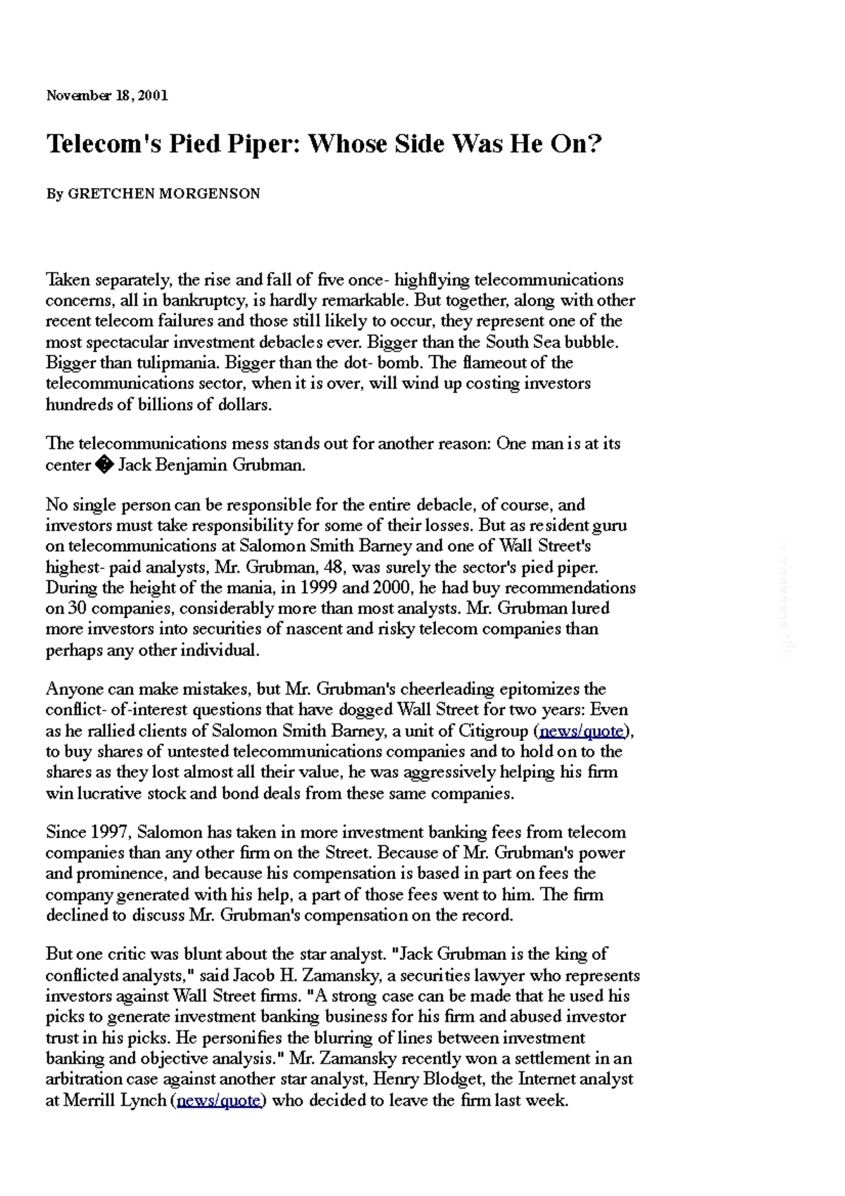The Fall of Jack - Financial analysts who tracked Enron Corp. have ...