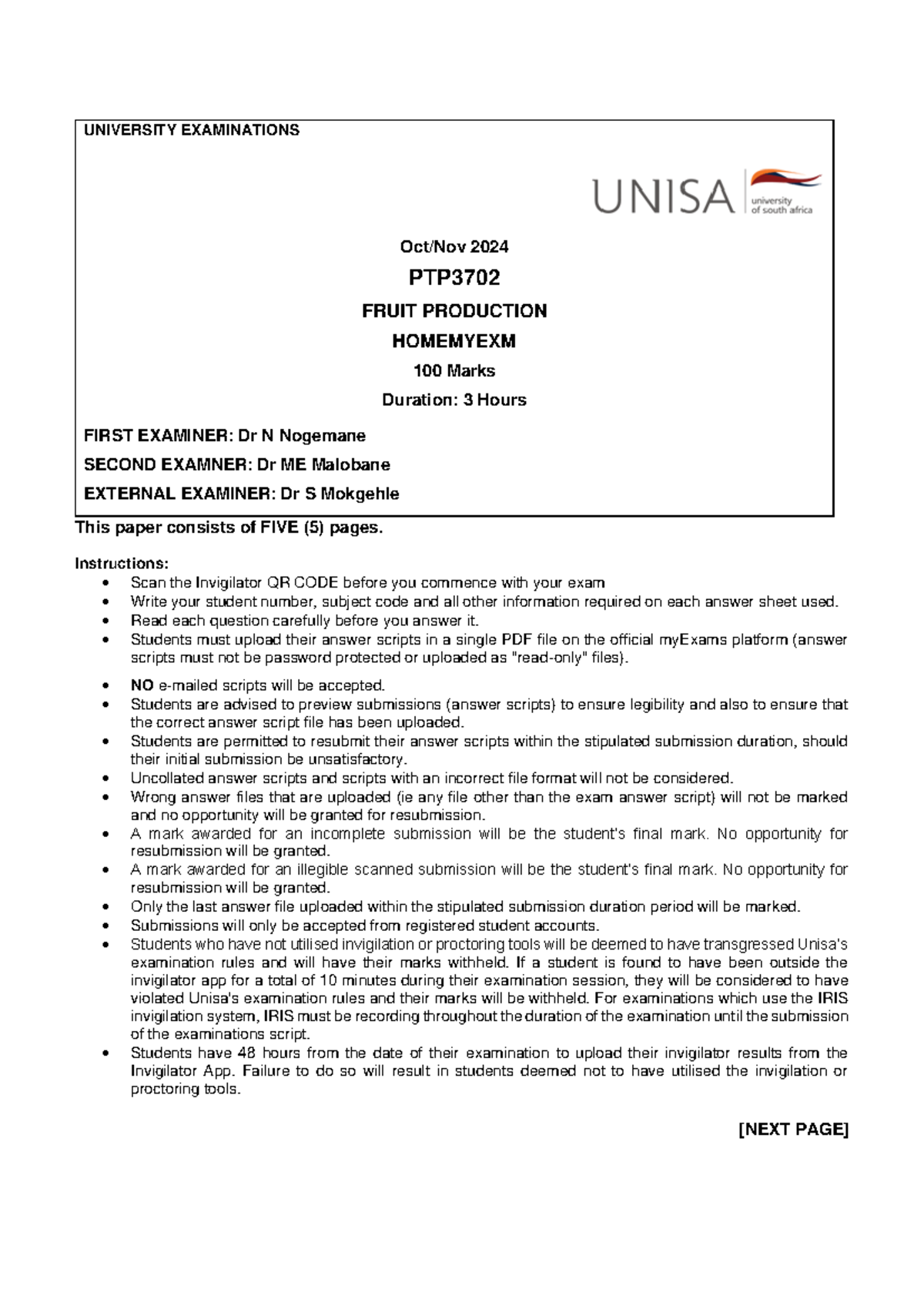 PTP3702 EQP S2 2024 - Question papers - UNIVERSITY EXAMINATIONS Oct/Nov ...