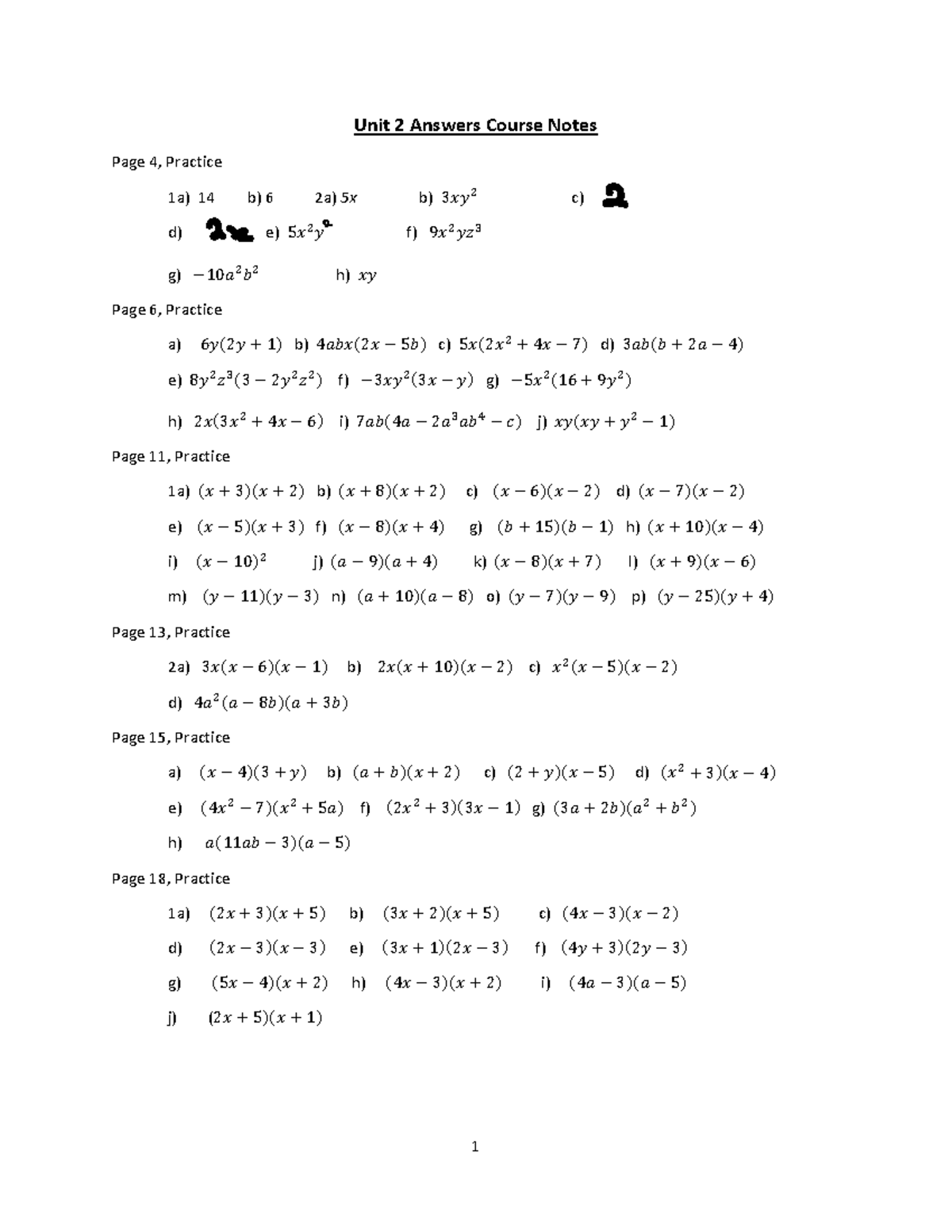 KEY Course Notes - Unit 2 Answers Course Notes Page 4, Practice 1a) 14 ...