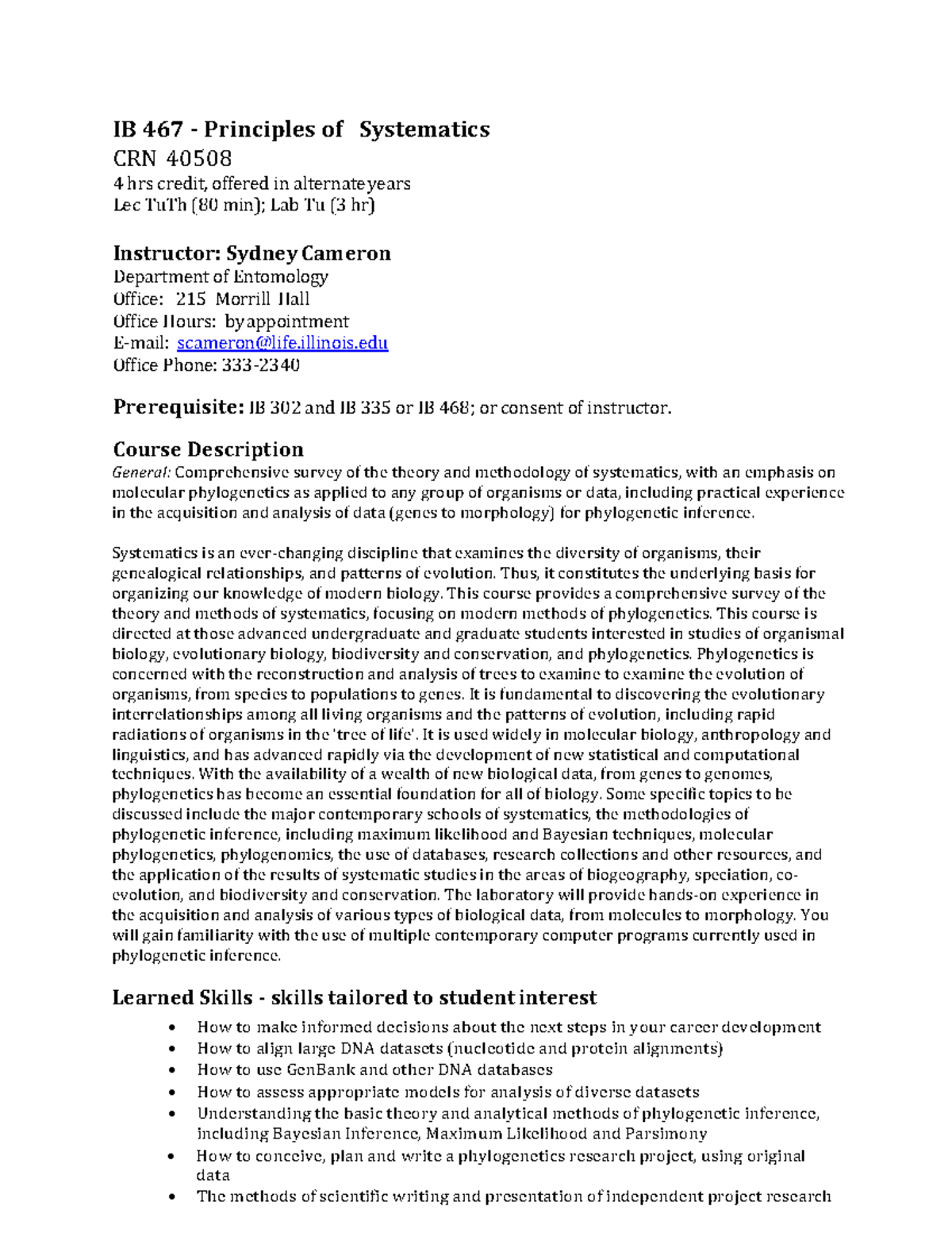 Syste Lab - Lab - IB 467 - Principles of Systematics CRN 40508 4 hrs ...