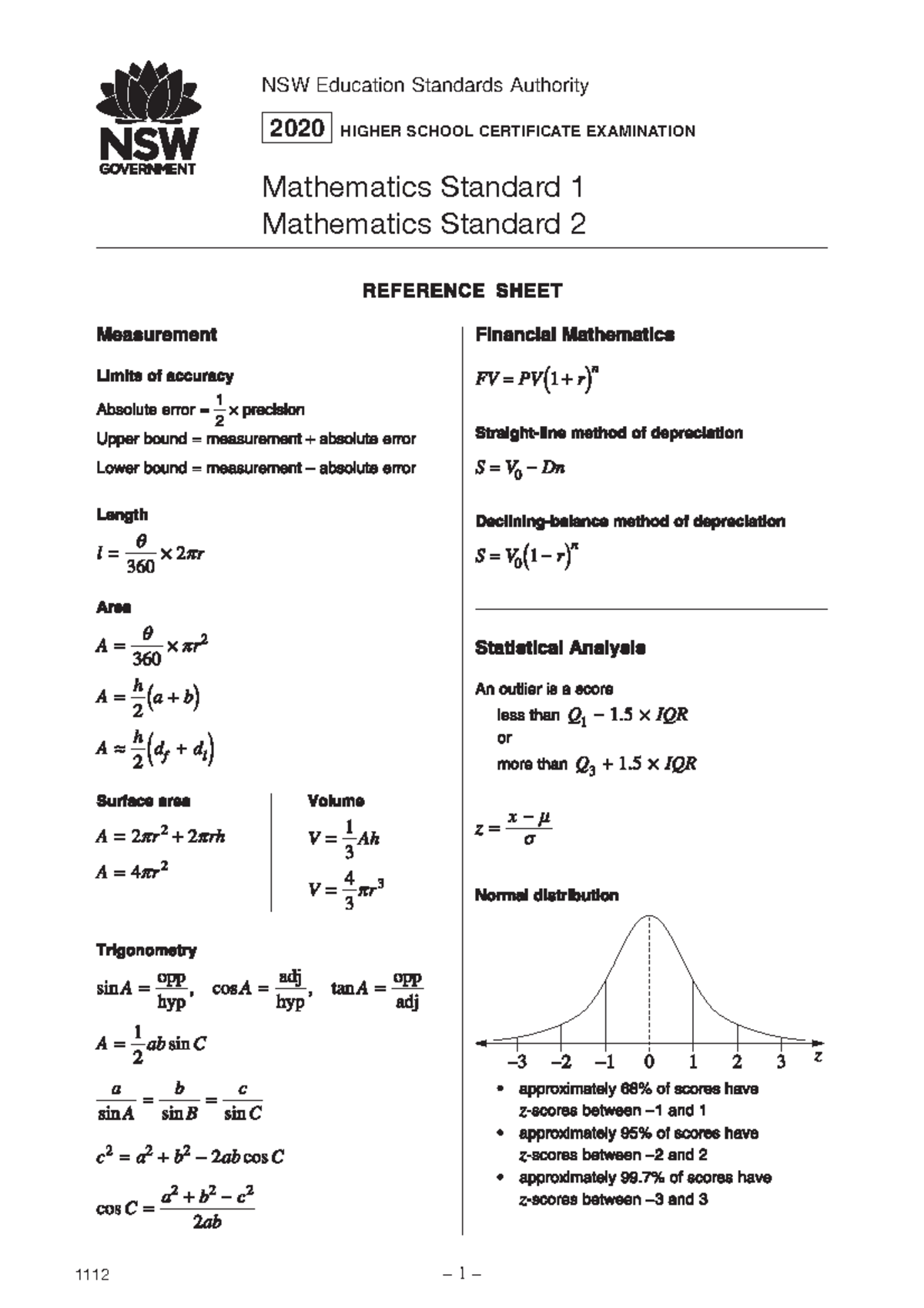 Aaa Formula Sheet Standard - NSW Education Standards Authority 2020 ...