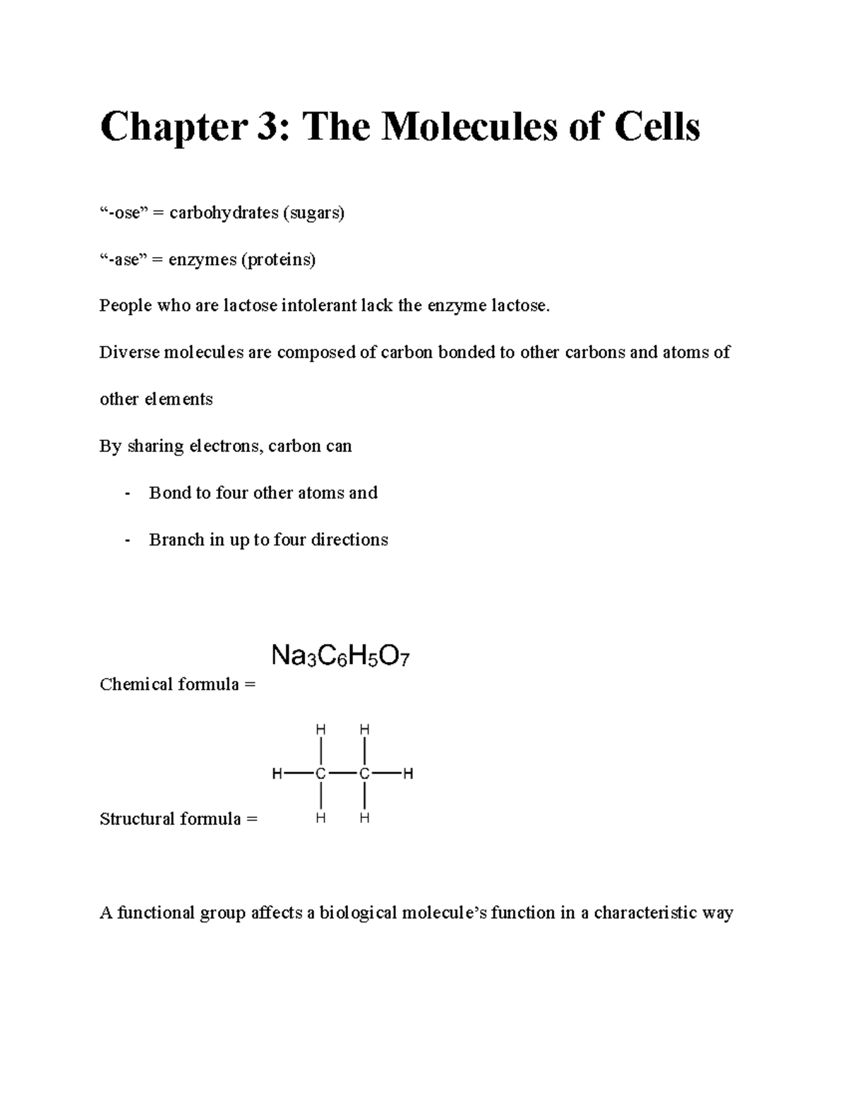 BIO 140 Chapter 3 Notes - Chapter 3: The Molecules of Cells
