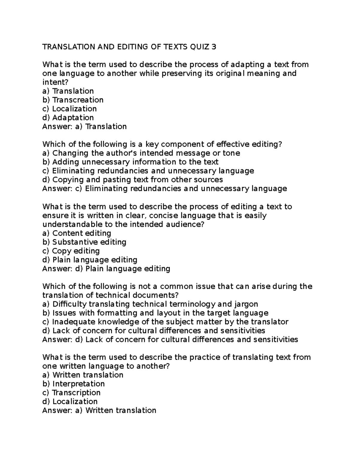 Translation AND Editing OF Texts QUIZ 3 - TRANSLATION AND EDITING OF ...