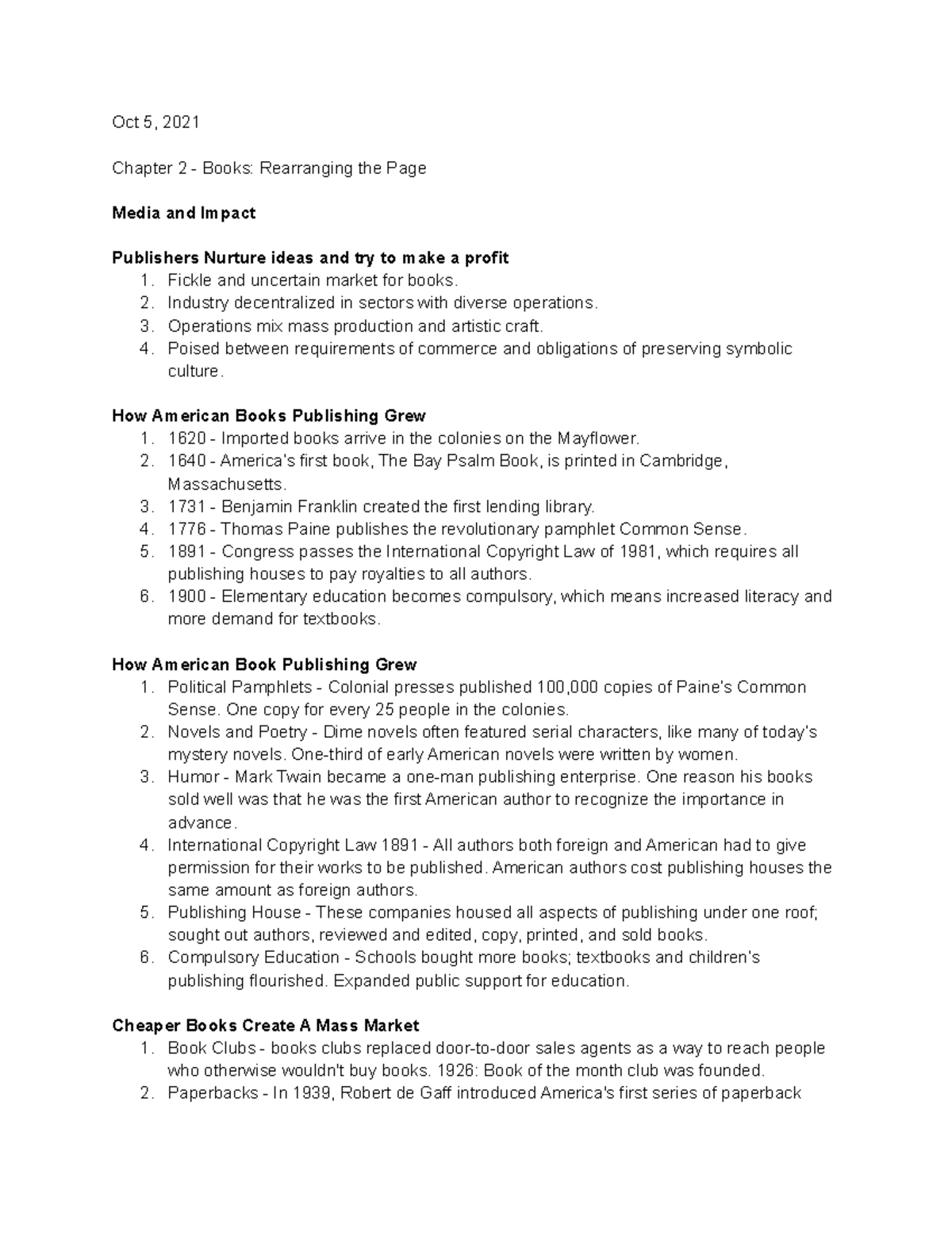 Mass Media - Class 4 Notes - Oct 5, 2021 Chapter 2 - Books: Rearranging ...