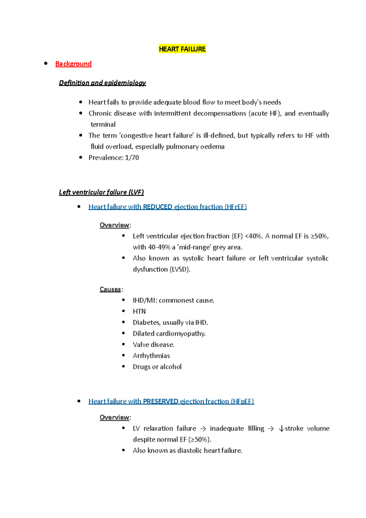Heart Failure - Lecture notes 3 - HEART FAILURE Background Definition ...