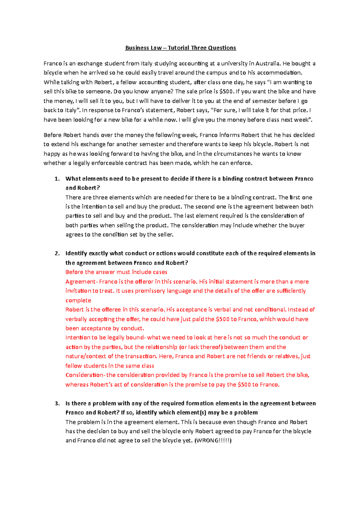 Tutorial three questions - Business Law – Tutorial Three Questions ...