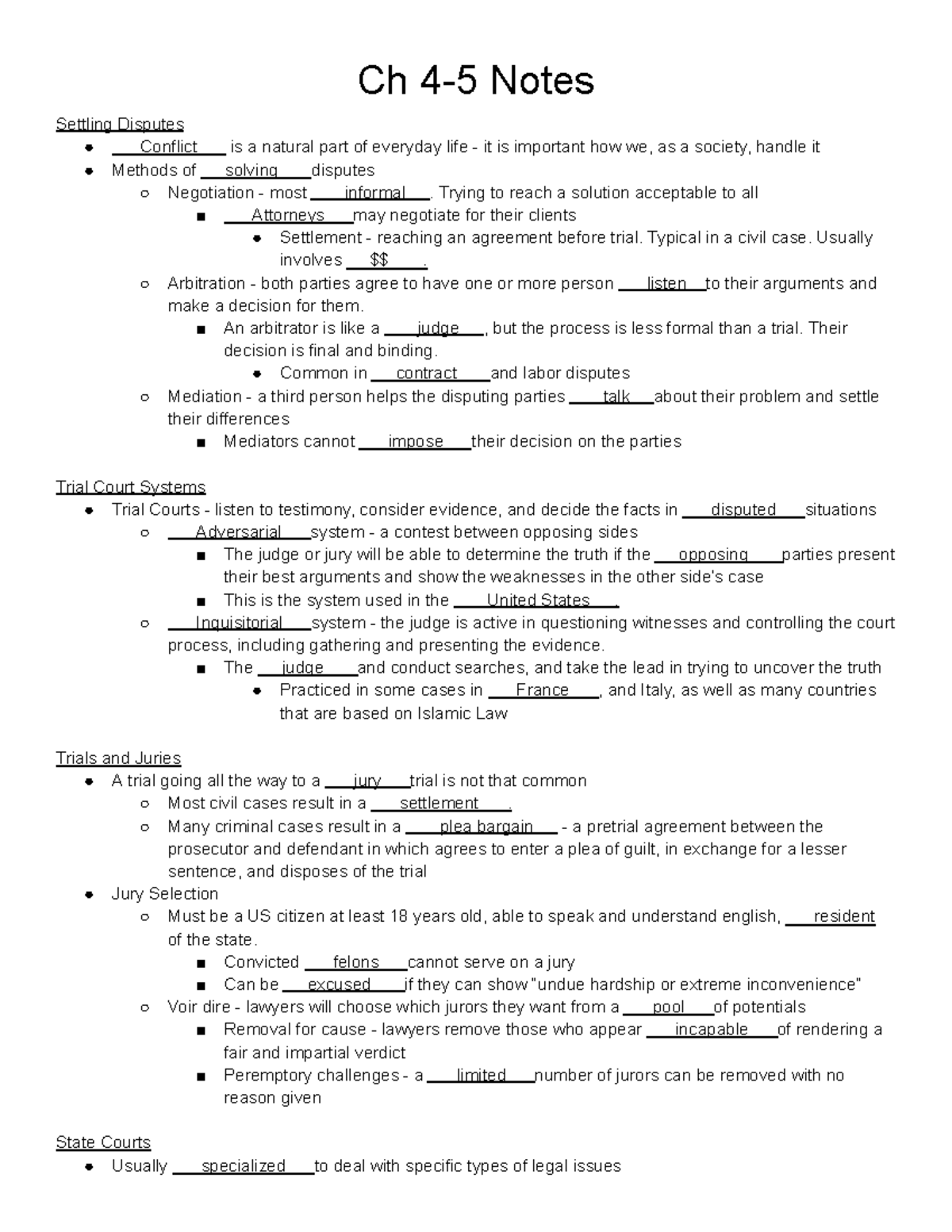 KARA Cope-Oyler - Ch 4-5 Notes - Ch 4-5 Notes Settling Disputes ...