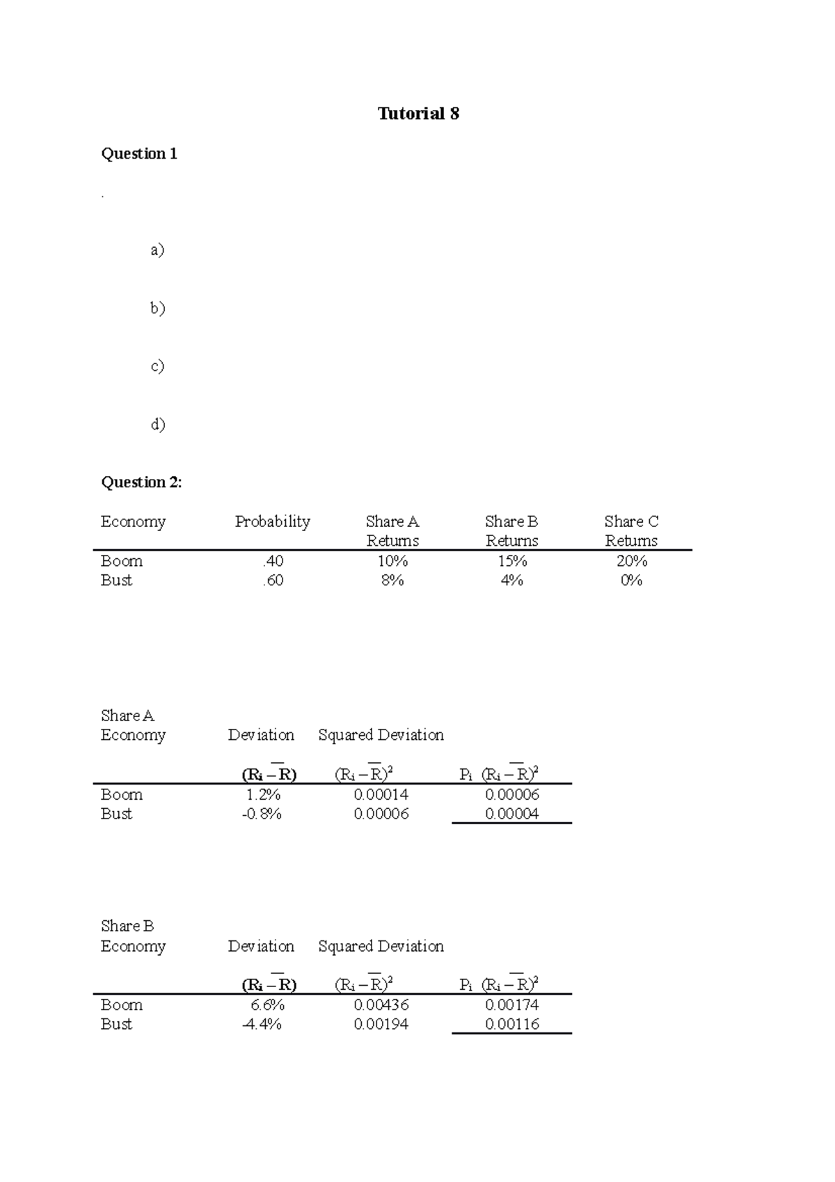 Risk and Return Part 1 (Exercises) - Solutions - Tutorial 8 Question 1 ...