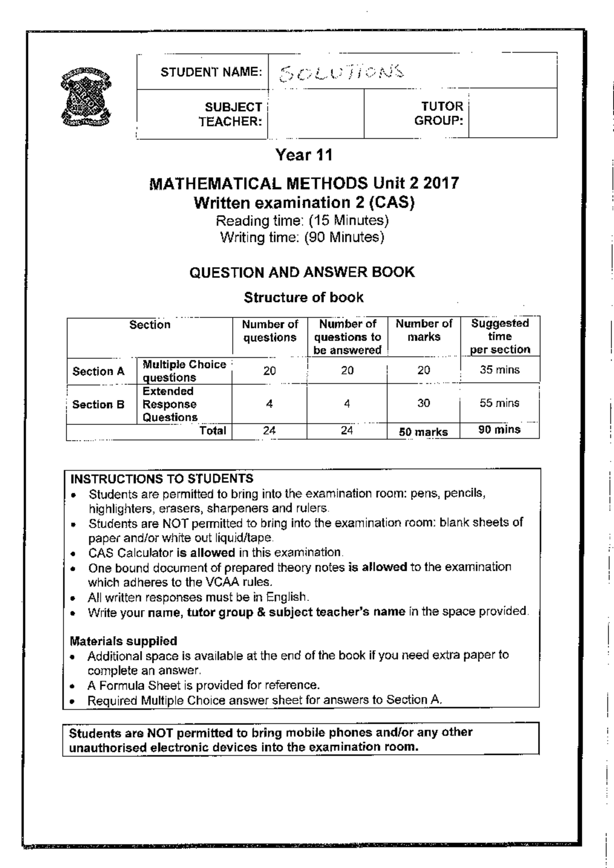 Year 11 Maths methods Unit 2 Sample exam 2 solutions - Studocu