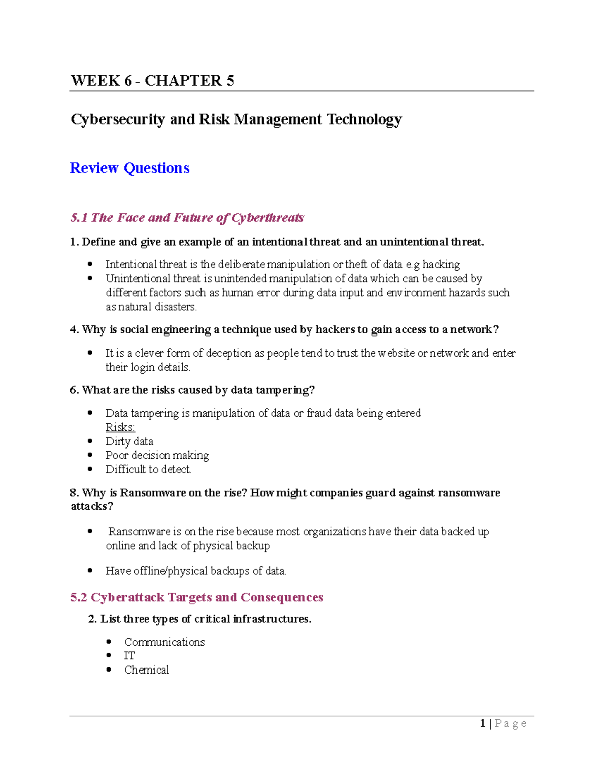 Chapter 5 - Tutorial Solutions - WEEK 6 CHAPTER 5 Cybersecurity and ...