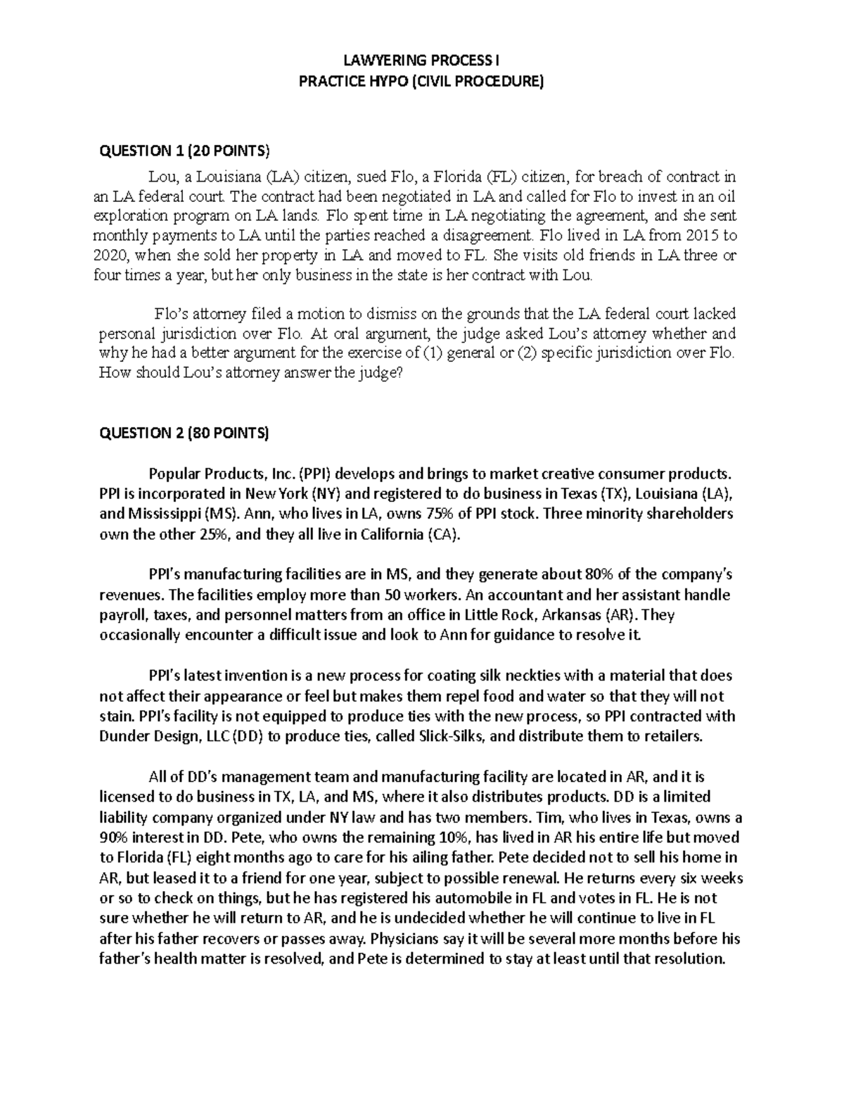 Civ Pro Practice hypo - LAWYERING PROCESS I PRACTICE HYPO (CIVIL ...