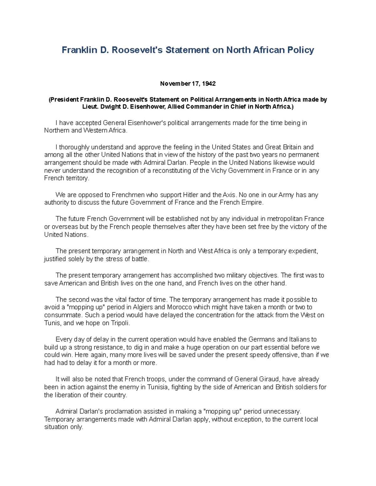 Franklin D Roosevelt statement on north african policy - Franklin D ...