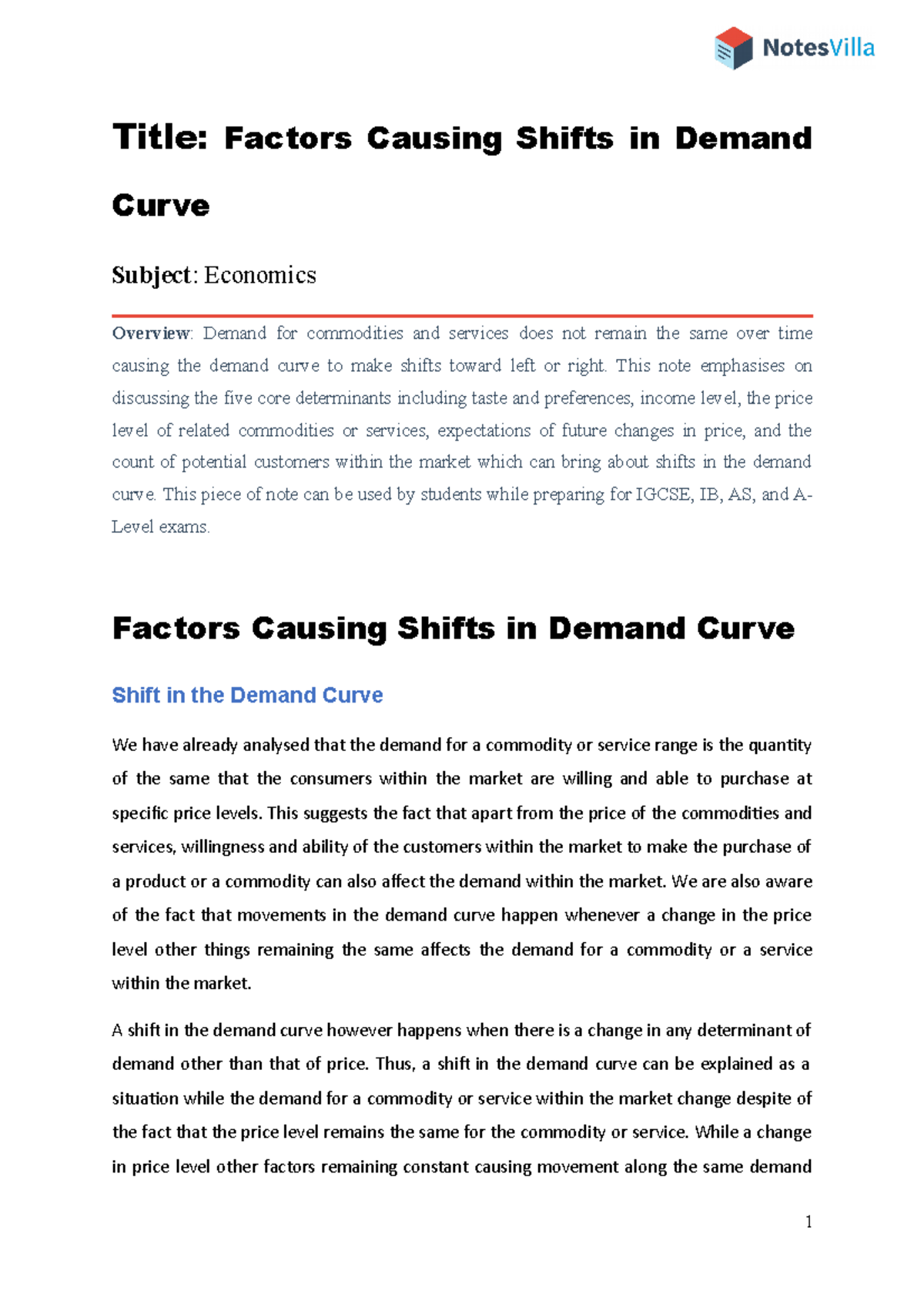 Factors causing changes in demand - Title: Factors Causing Shifts in ...