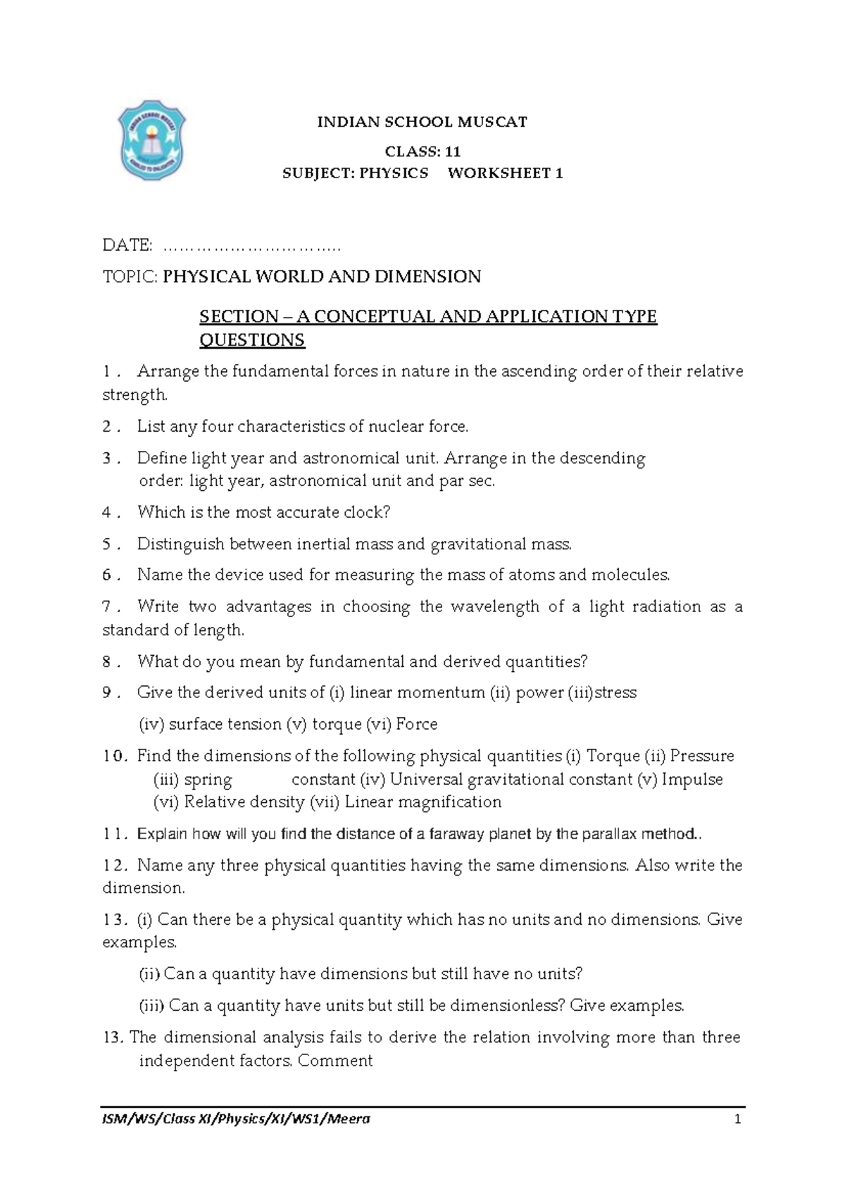 Class XI Physics Physical World AND Measurements Worksheet 1 2020 - ISM ...