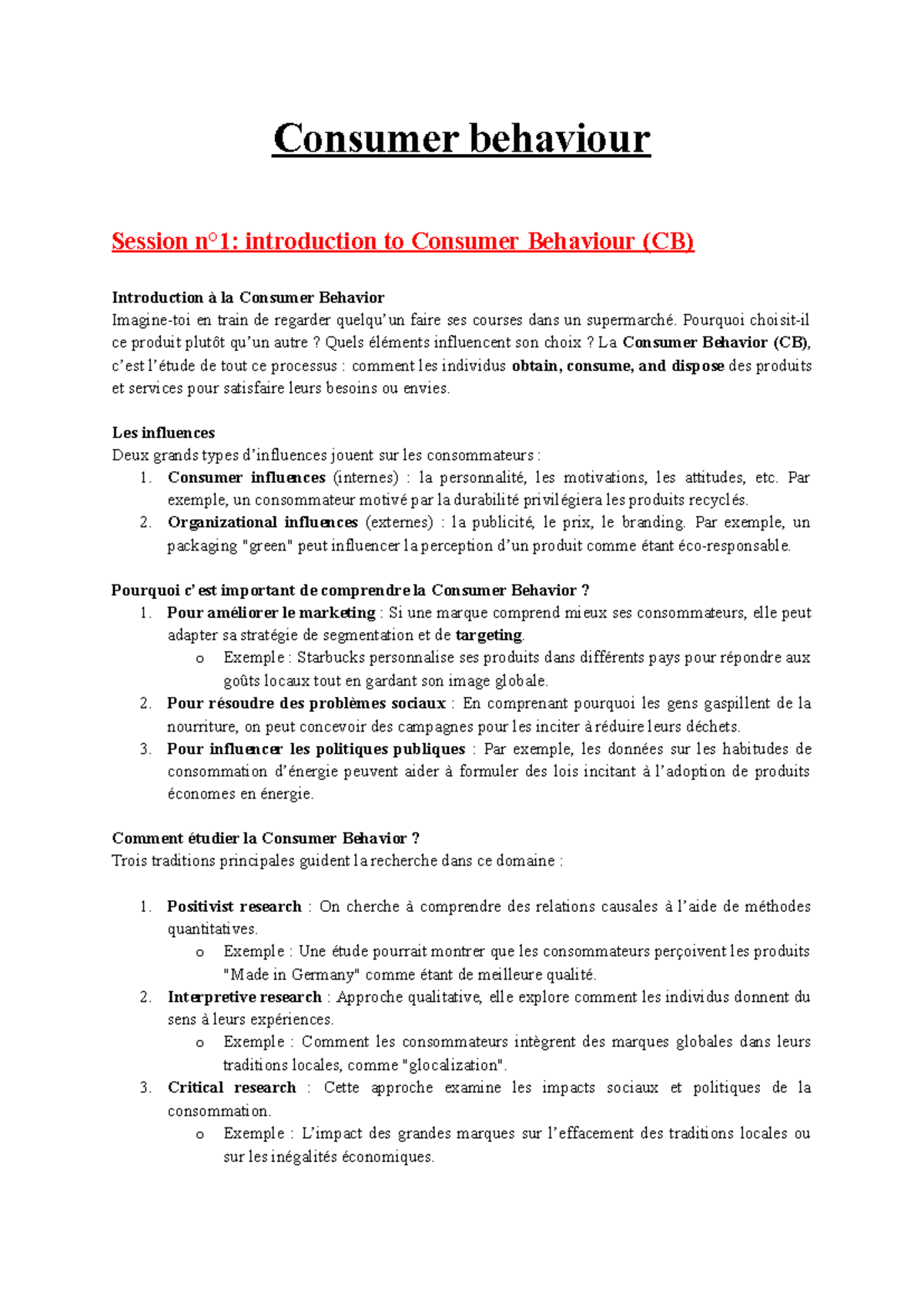 Consumer behaviour - notes e cours - Consumer behaviour Session n°1 ...