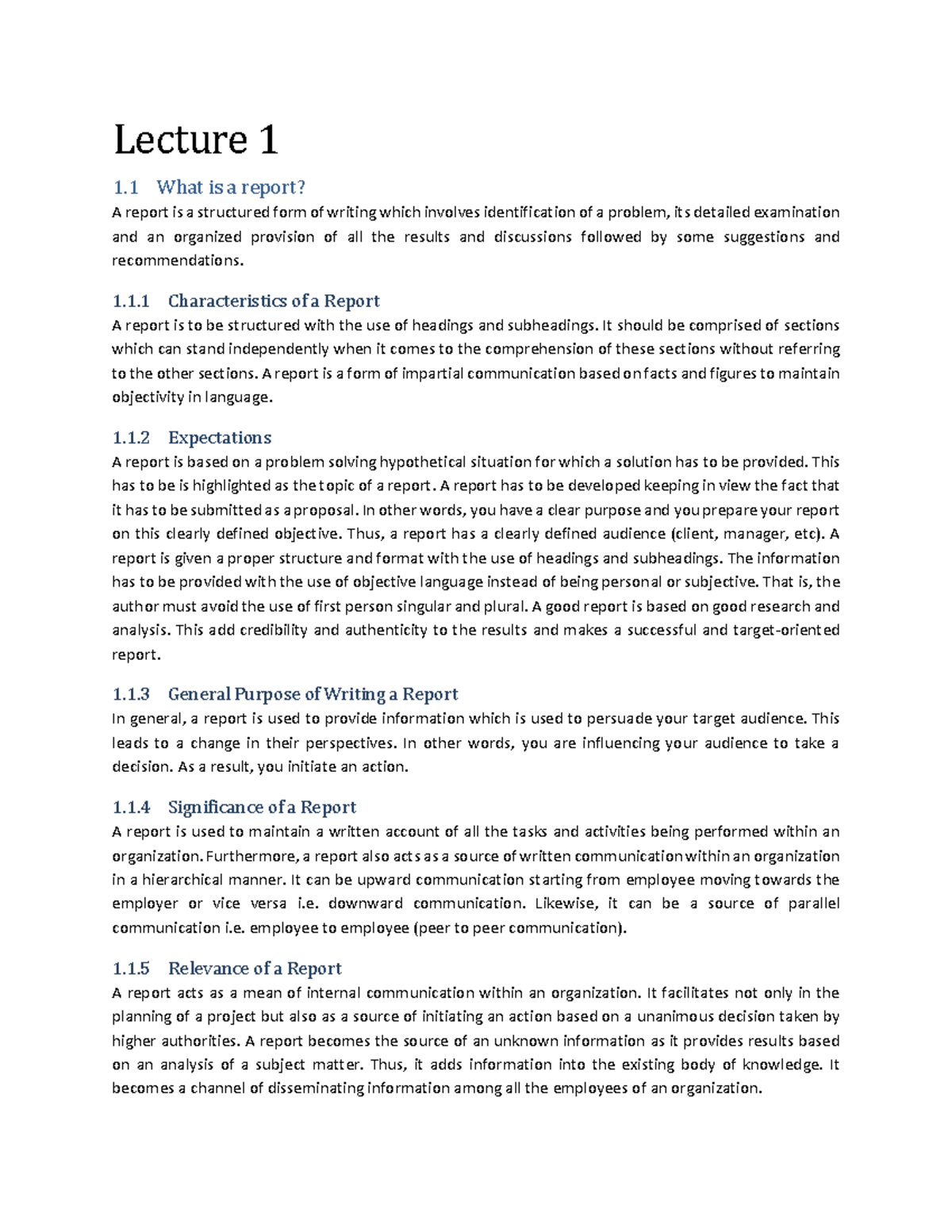 HUM102 Handouts Lecture 01 to 10 - Lecture 1 1 What is a report? A ...