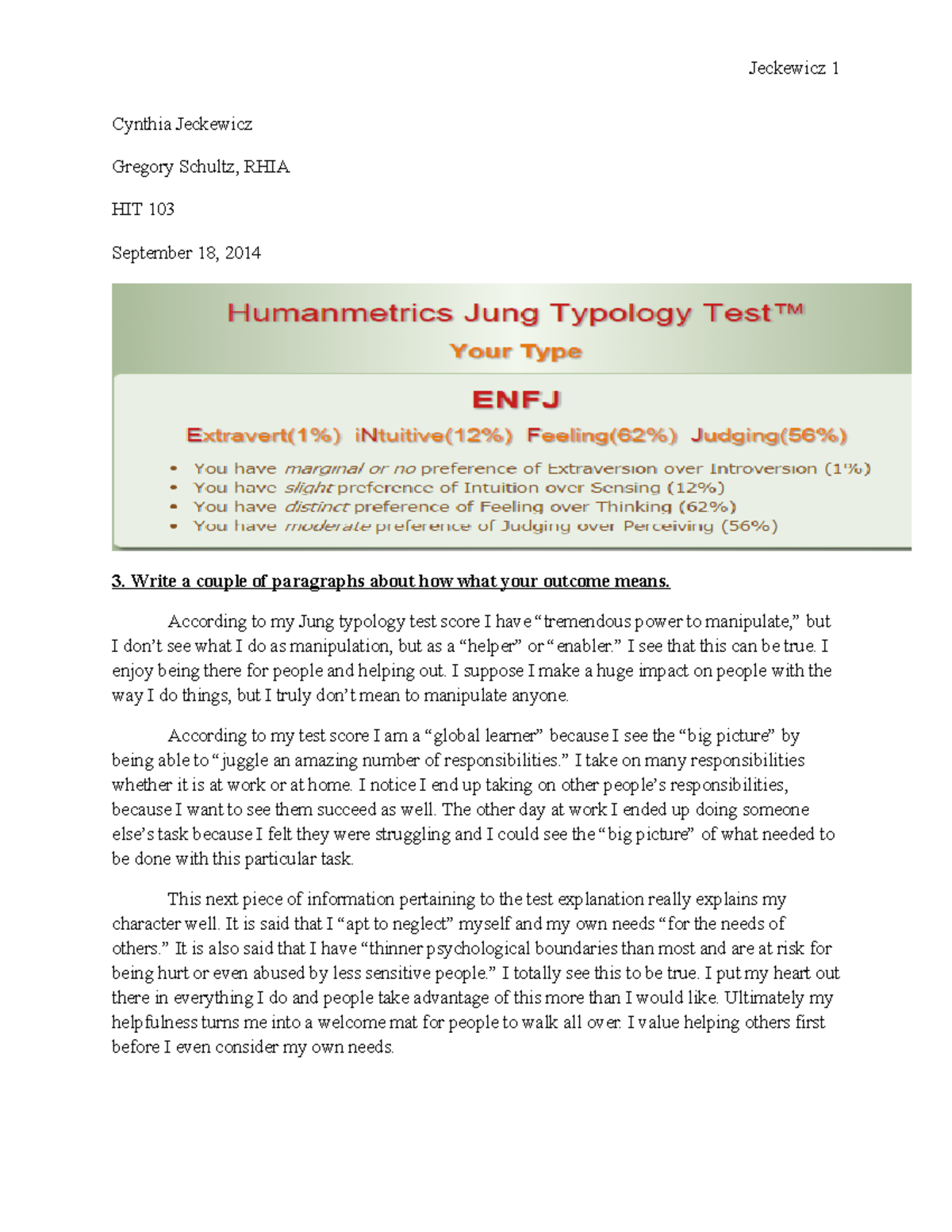 Jung typing test - Grade: A+ - Jeckewicz 1 Cynthia Jeckewicz Gregory ...