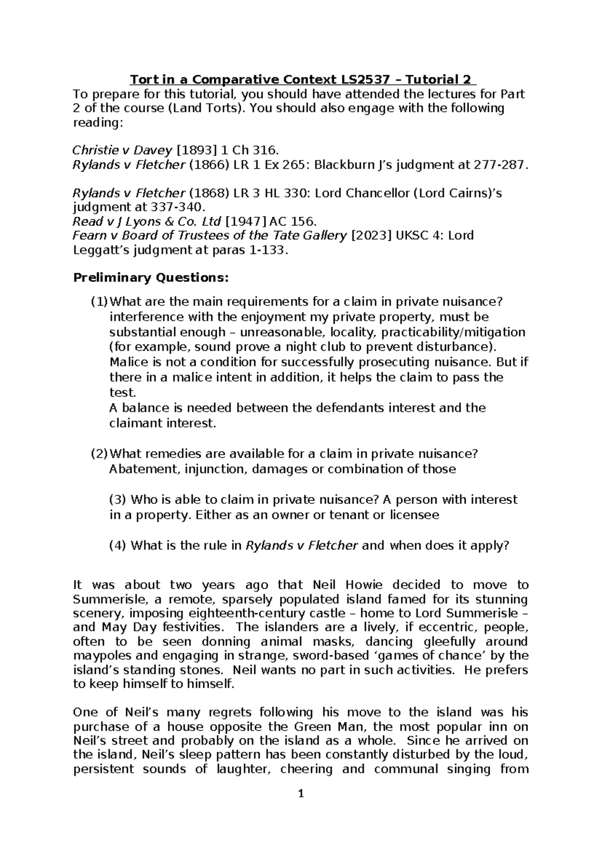 Tort in a Comparative Context LS2537 Tutorial 2 - nuisance etc - Tort in a Comparative Context ...