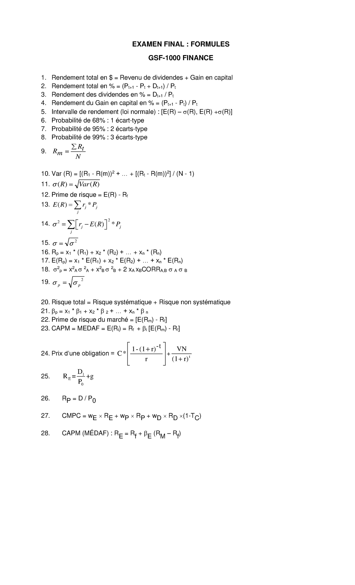 Feuille de formules - Final E24 - EXAMEN FINAL : FORMULES GSF- 1000 ...