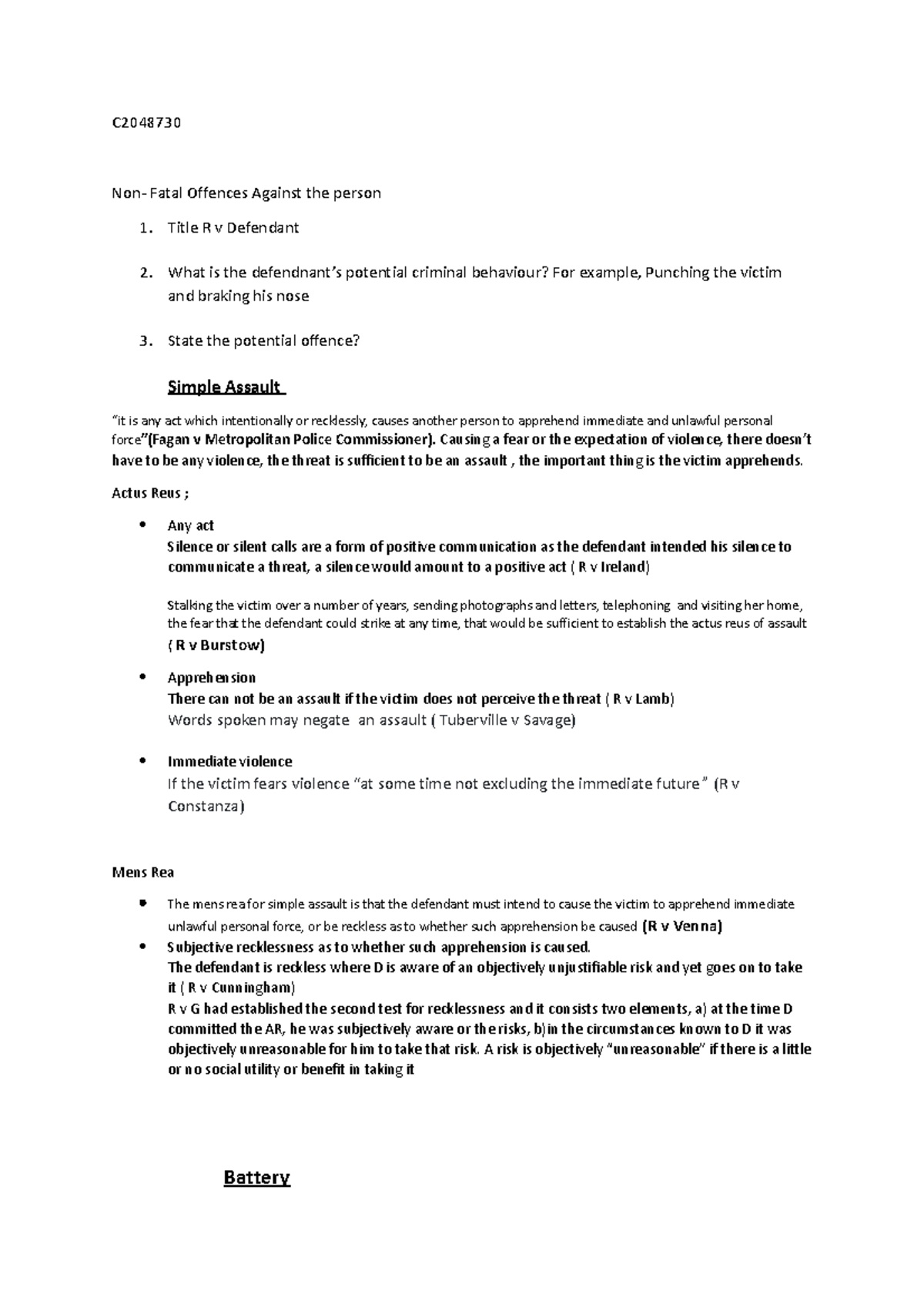 Simple Assault - ####### C ####### Non- Fatal Offences Against the ...