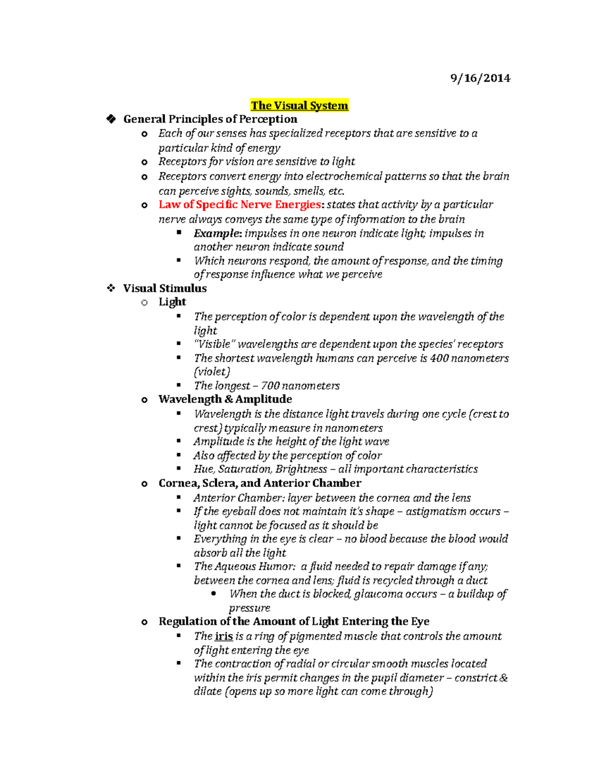 Chapter 3 - Lecture notes 3 - The Visual System General Principles of ...