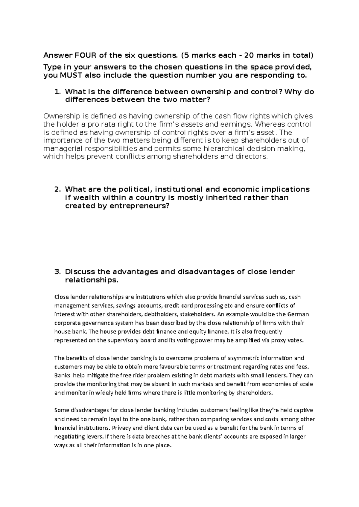 Answer FOUR of the six questions - (5 marks each - 20 marks in total ...