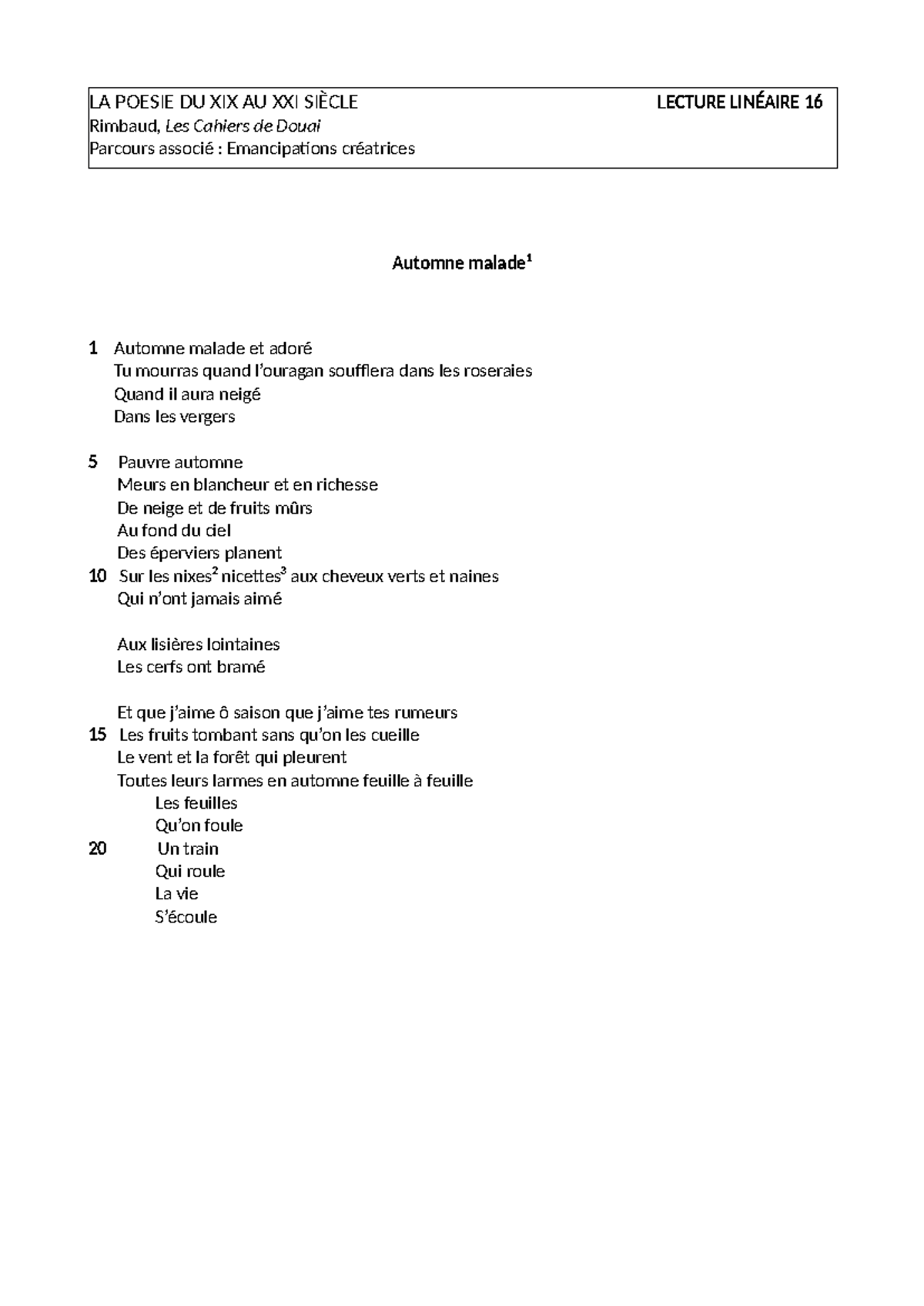 Explication Linéaire Automne Malade – VRIMCA