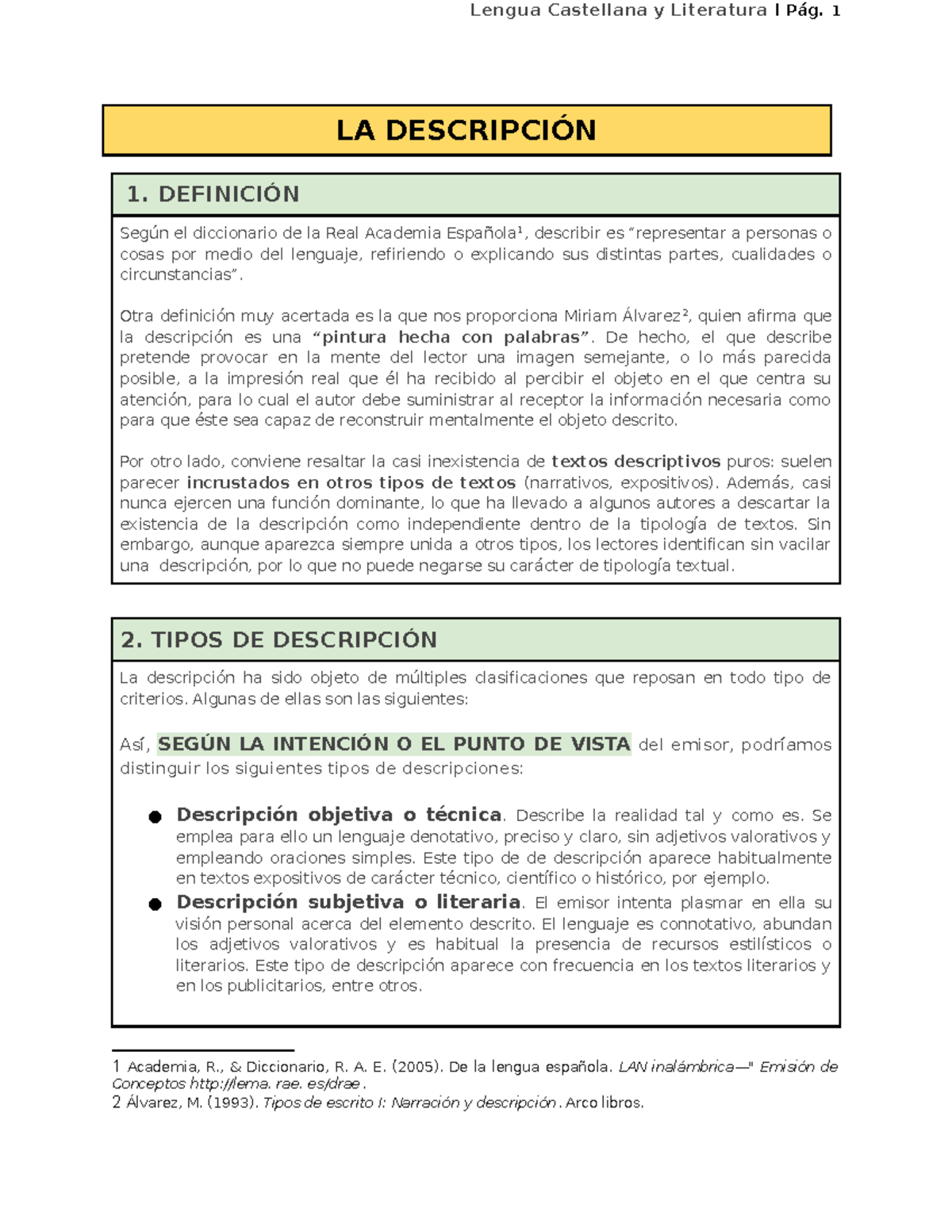 Descripciones - Lengua Castellana y Literatura I Pág. 1 LA DESCRIPCIÓN ...