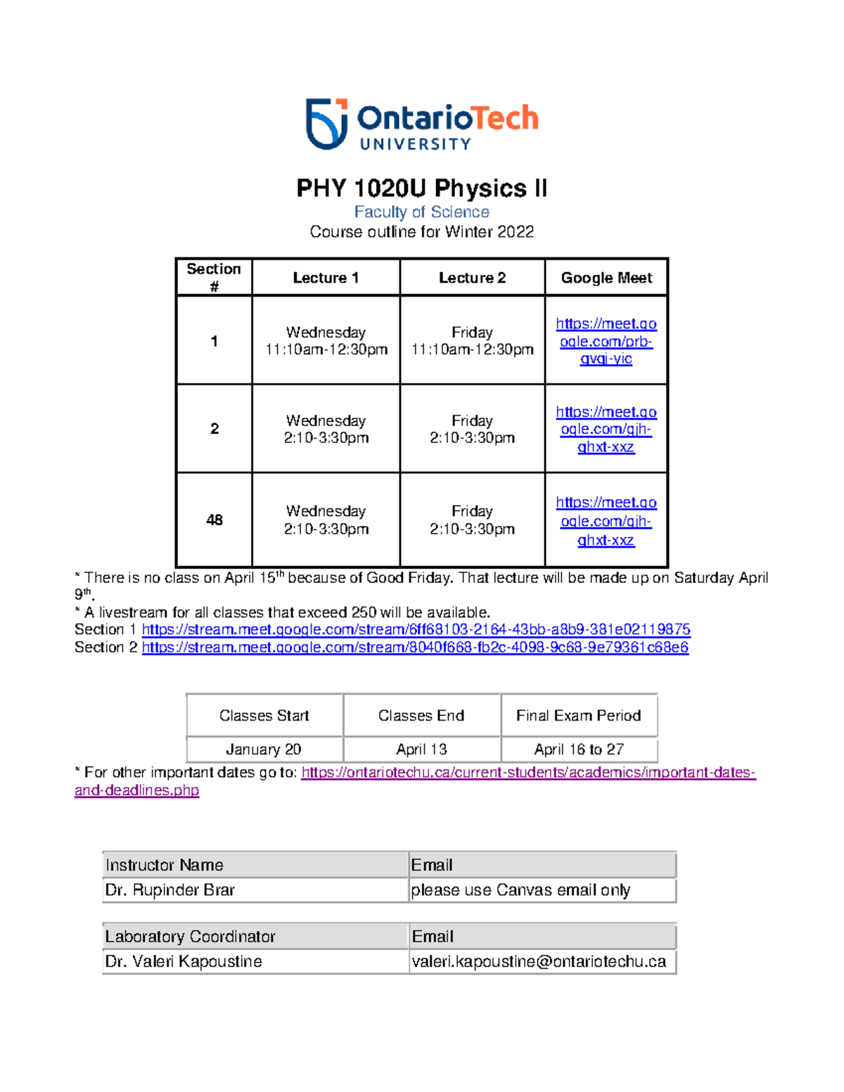 Syllabus - PHY 10 20 U Physics II Faculty of Science Course outline for ...