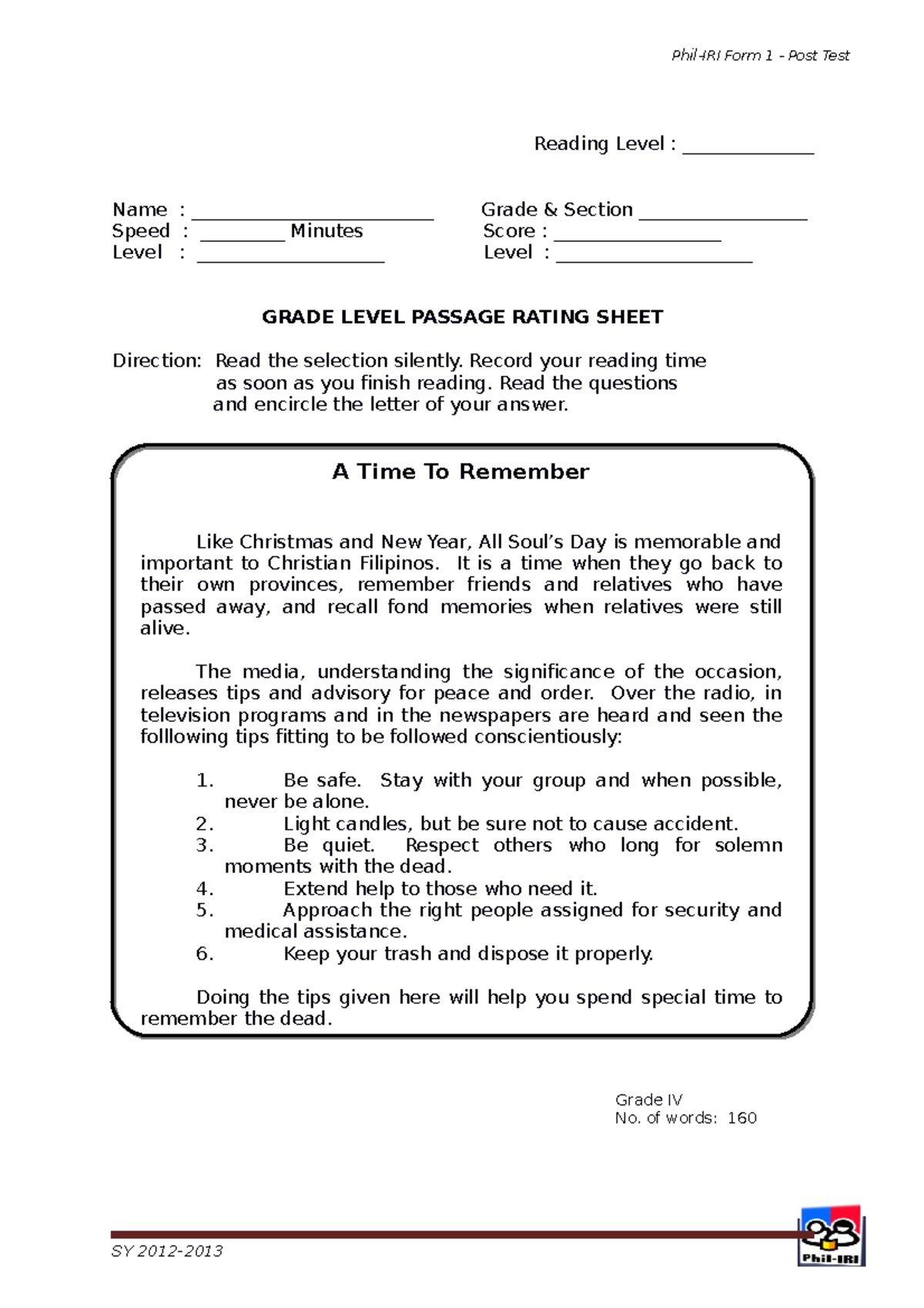 Grade 4.A Time To Remember - Reading Level : ______________ Name