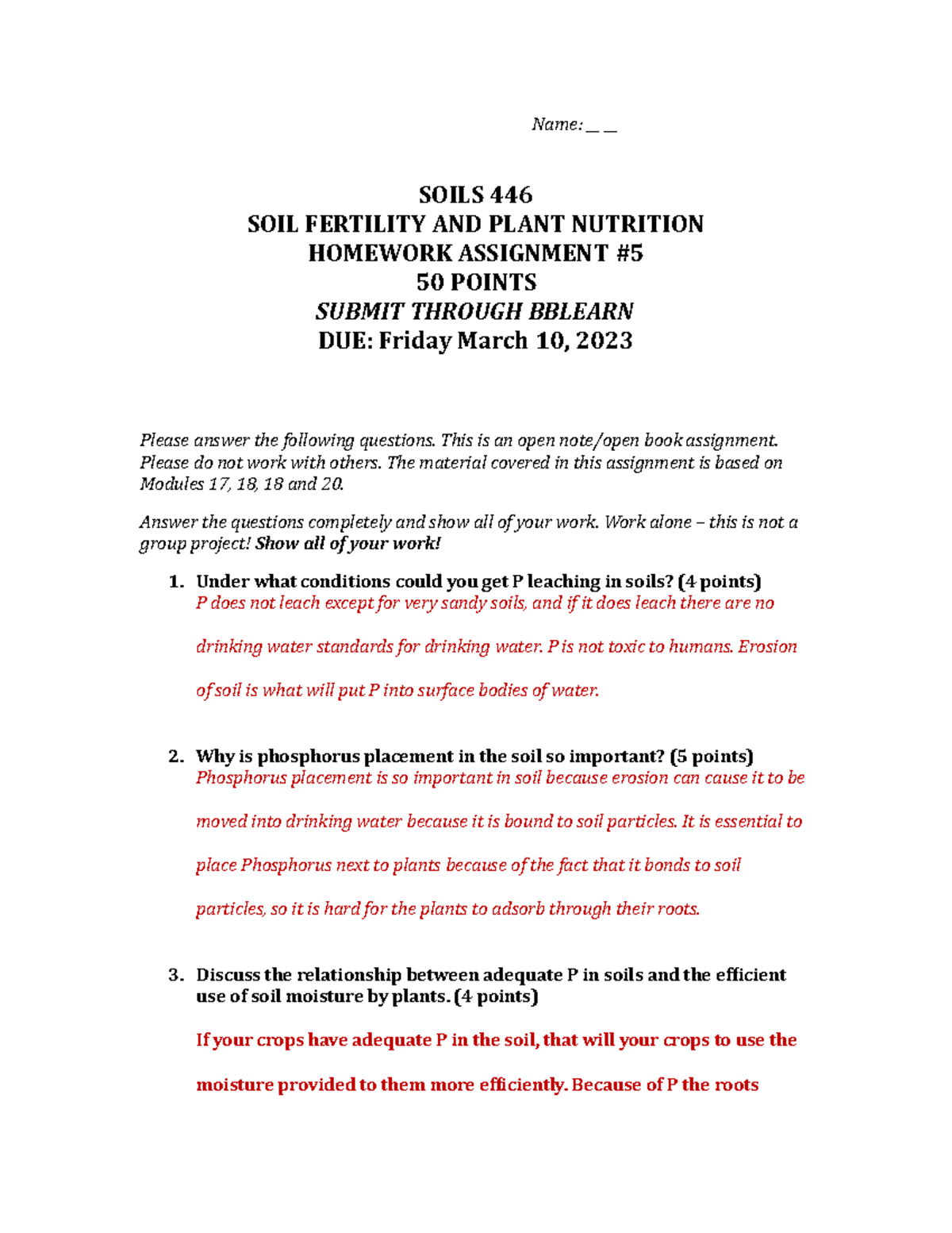Soils 446S2023HWK5 - hw 5 - Name: __ __ SOILS 446 SOIL FERTILITY AND PLANT NUTRITION HOMEWORK ...