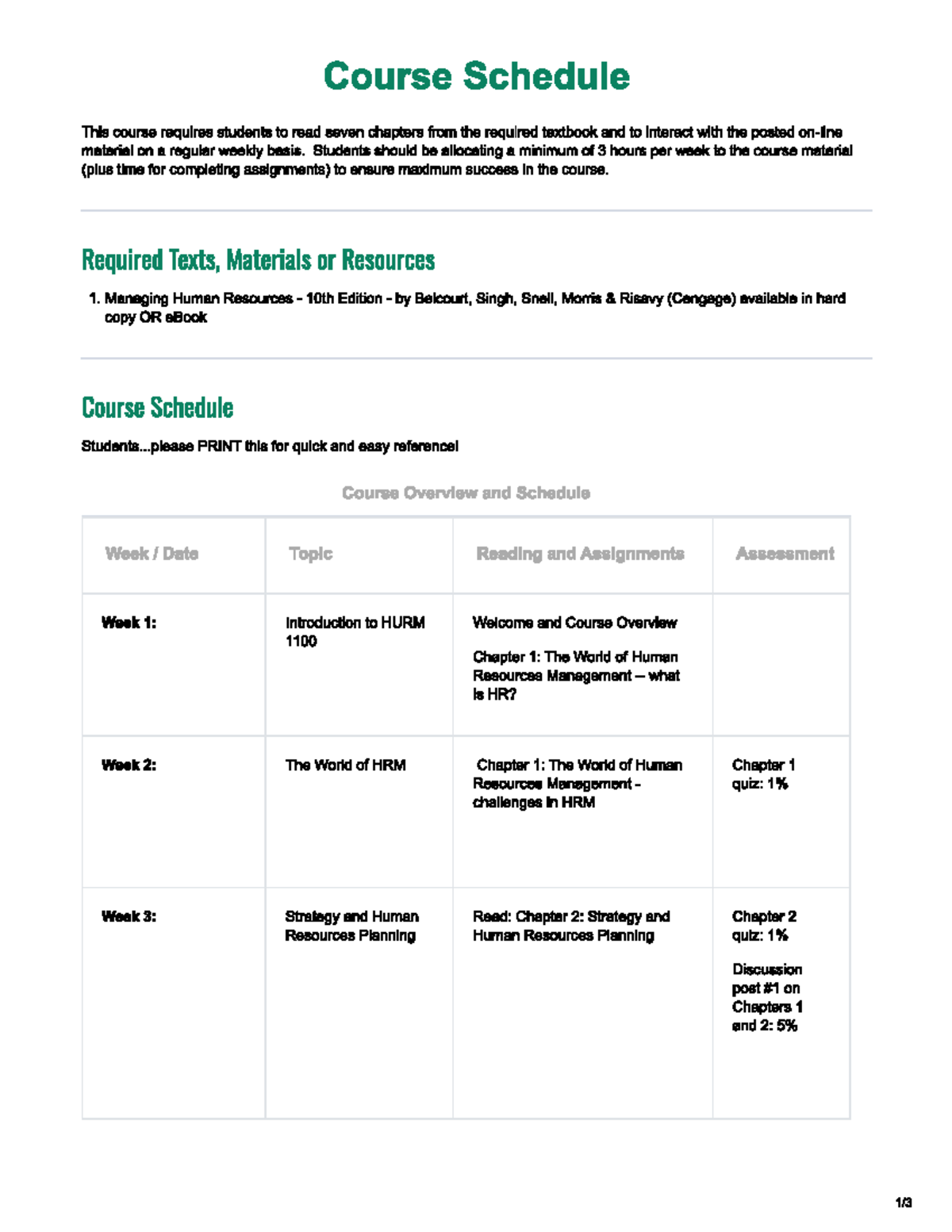 HURM 1100 Schedule - study notes - Human Resource Development (HRD ...