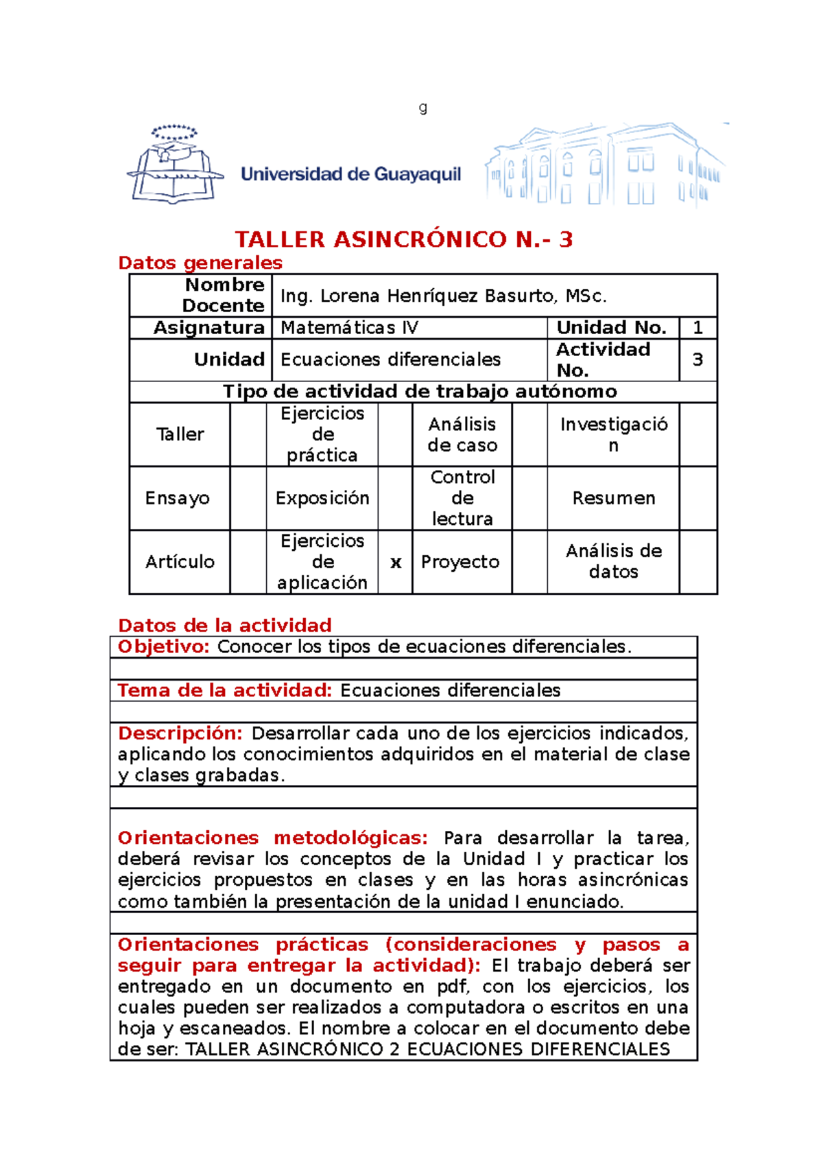 Taller Asincrónico N - ACTA - g TALLER ASINCRÓNICO N.- 3 Datos ...