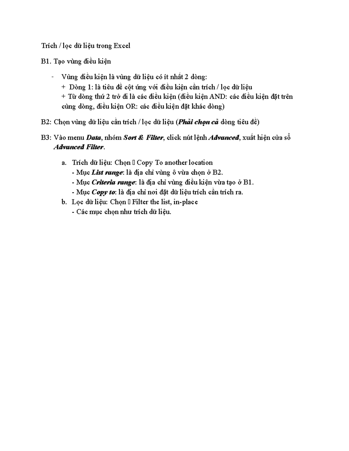 06 Trích hoặc lọc dữ liệu trong Excel - Trích / lọc dữ liệu trong Excel B1. Tạo vùng điều - Studocu