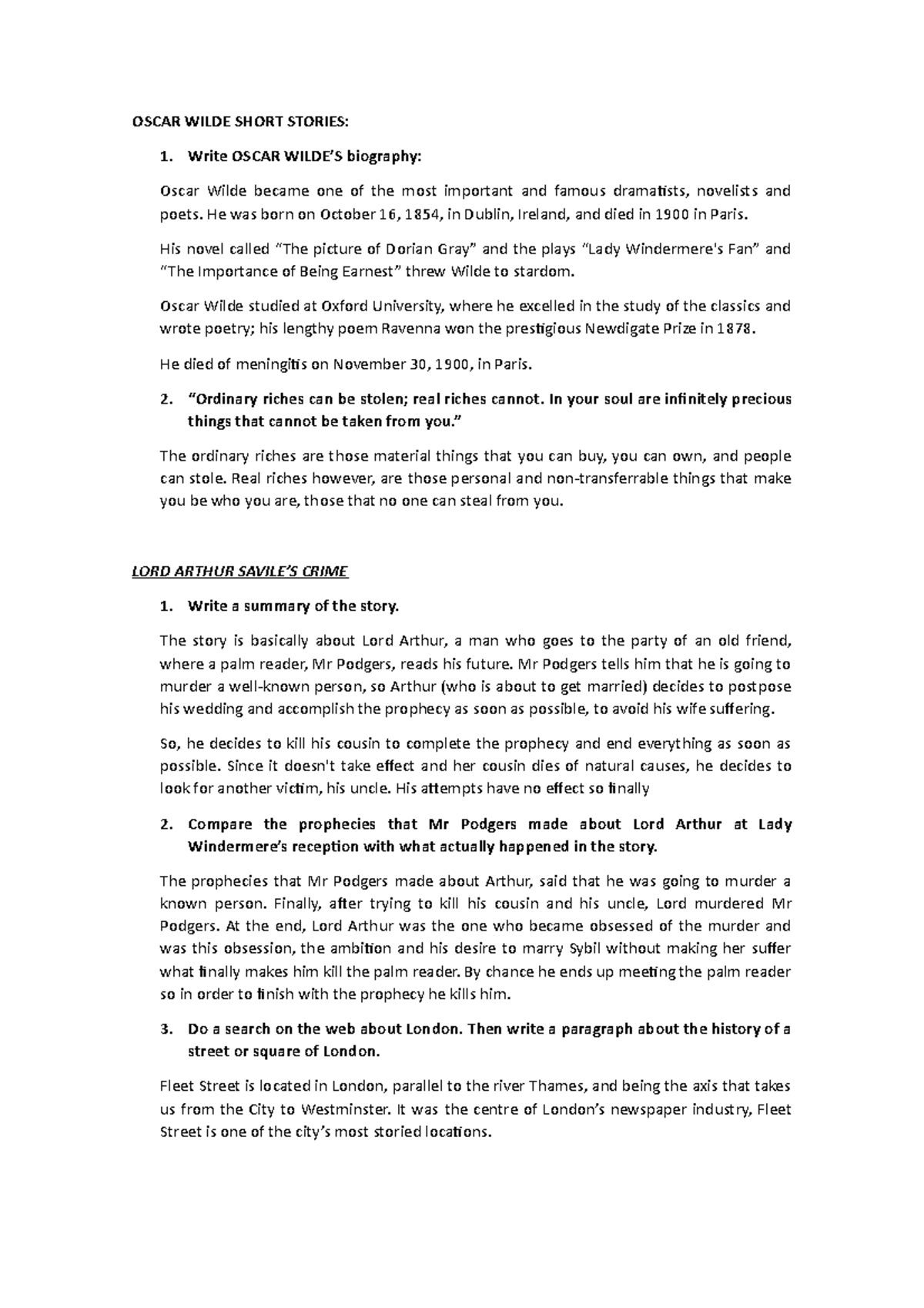 Oscar Wilde Short Stories Task - OSCAR WILDE SHORT STORIES: Write OSCAR ...