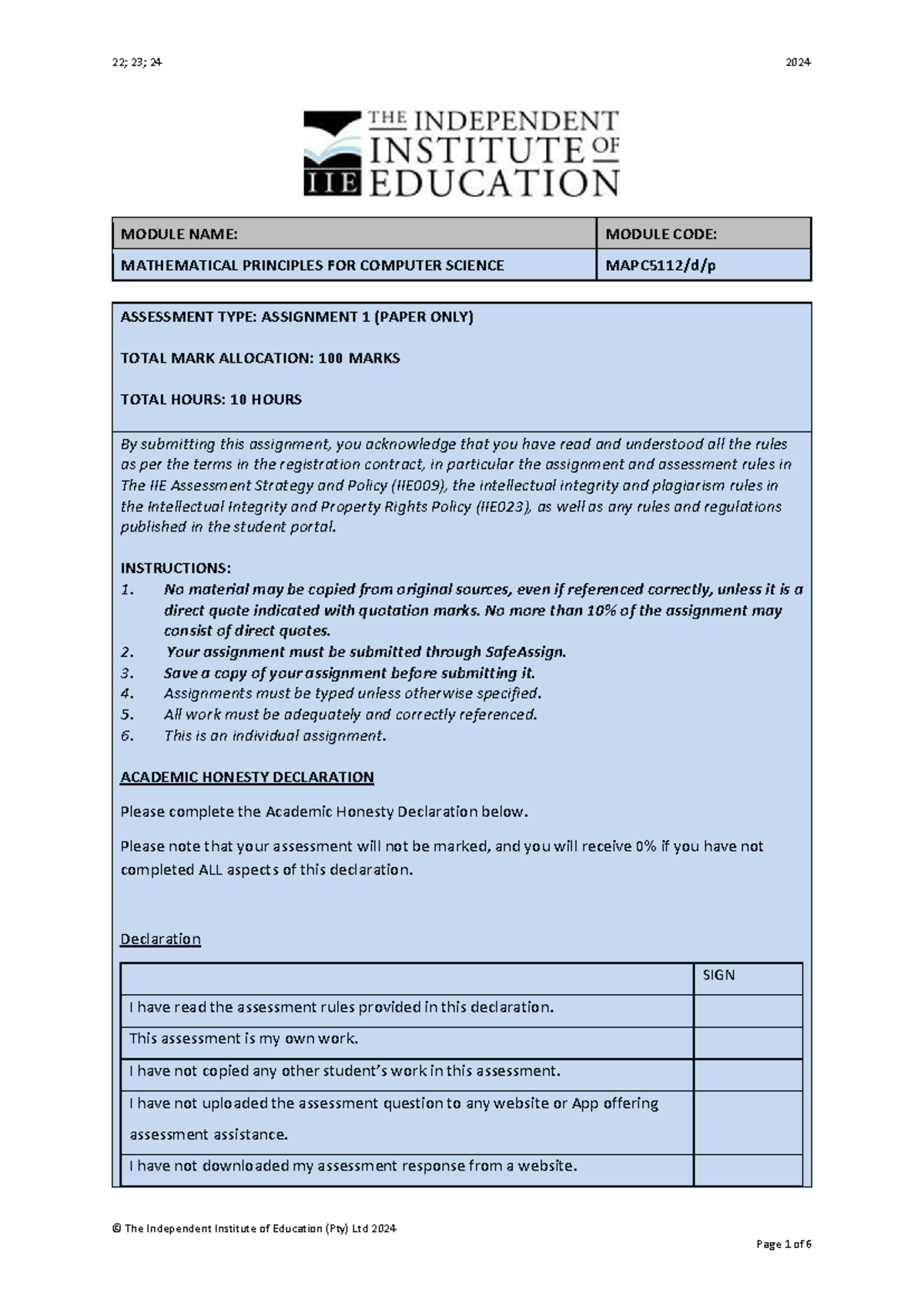 MAPC5112 A1 - Assignment - MODULE NAME: MODULE CODE: MATHEMATICAL PRINCIPLES FOR COMPUTER ...