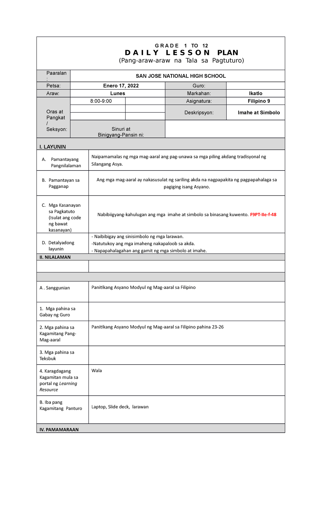 DLP- Filipino 9 - Guide fo Making DLP - G R A D E 1 TO 12 D A I L Y L E ...