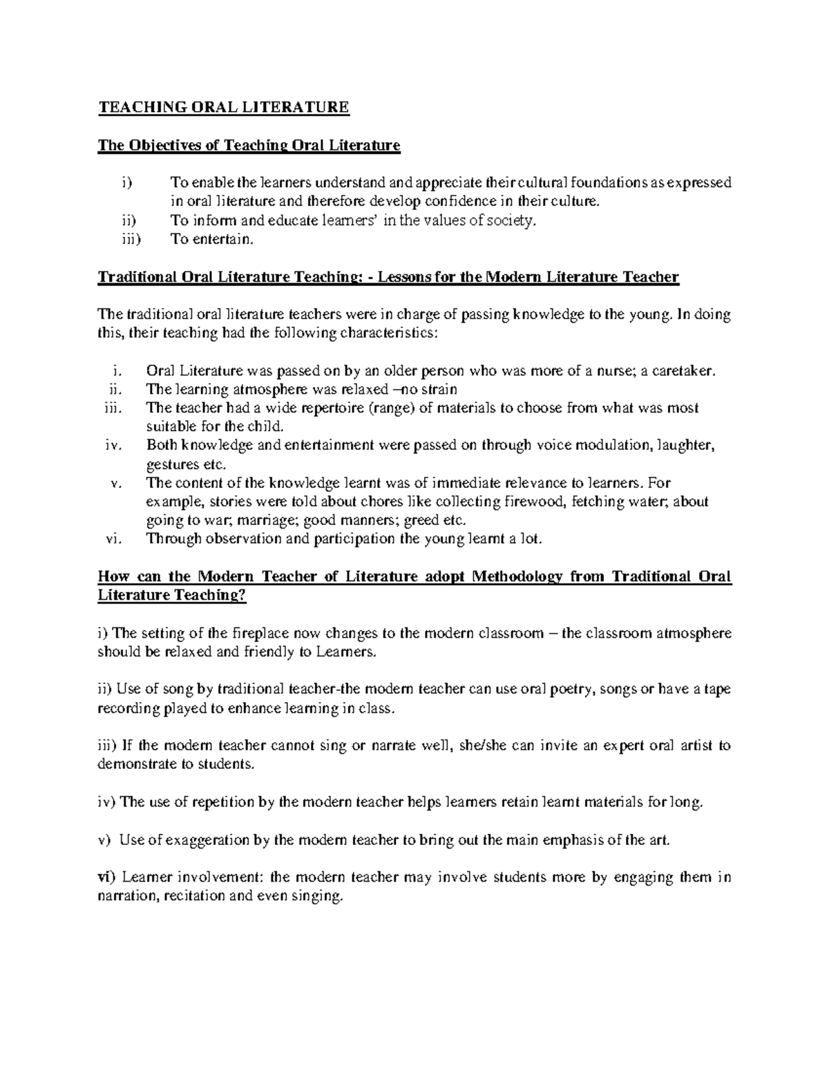 Teaching Oral Literature and the Play - TEACHING ORAL LITERATURE The ...