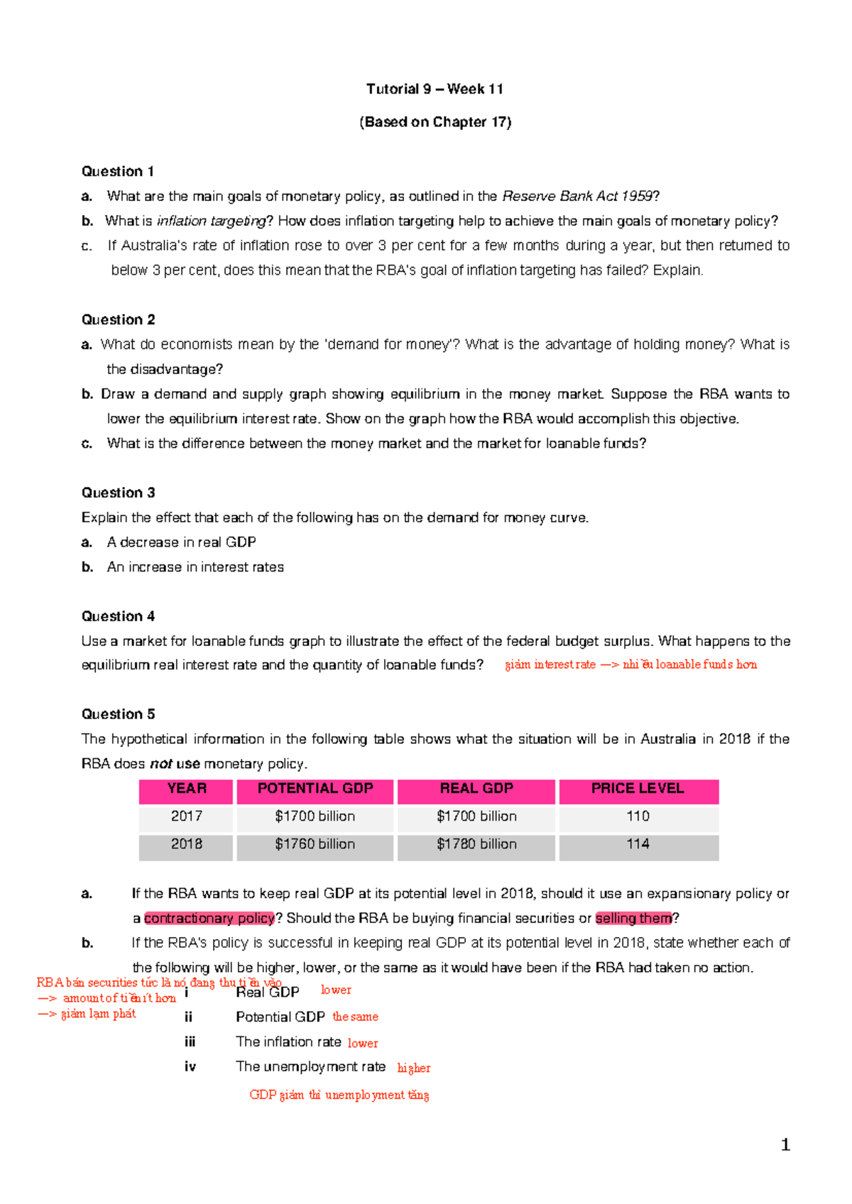 Tutorial 9 Week 11 - questions - 1 Tutorial 9 – Week 11 (Based on Chapter 17 ) Question 1 a ...