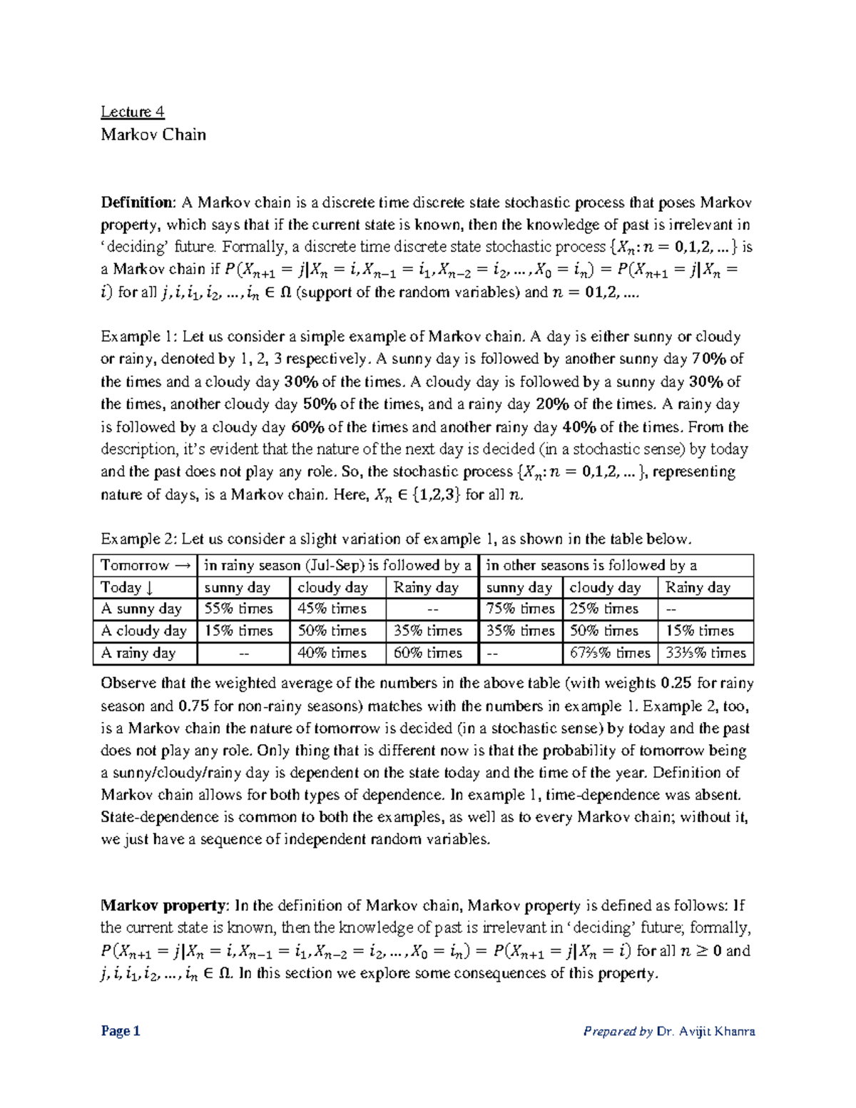 Lecture 4 - Page 1 P repa red by Dr. Avijit Khanra Lecture 4 Markov Chain Definition : A Markov ...