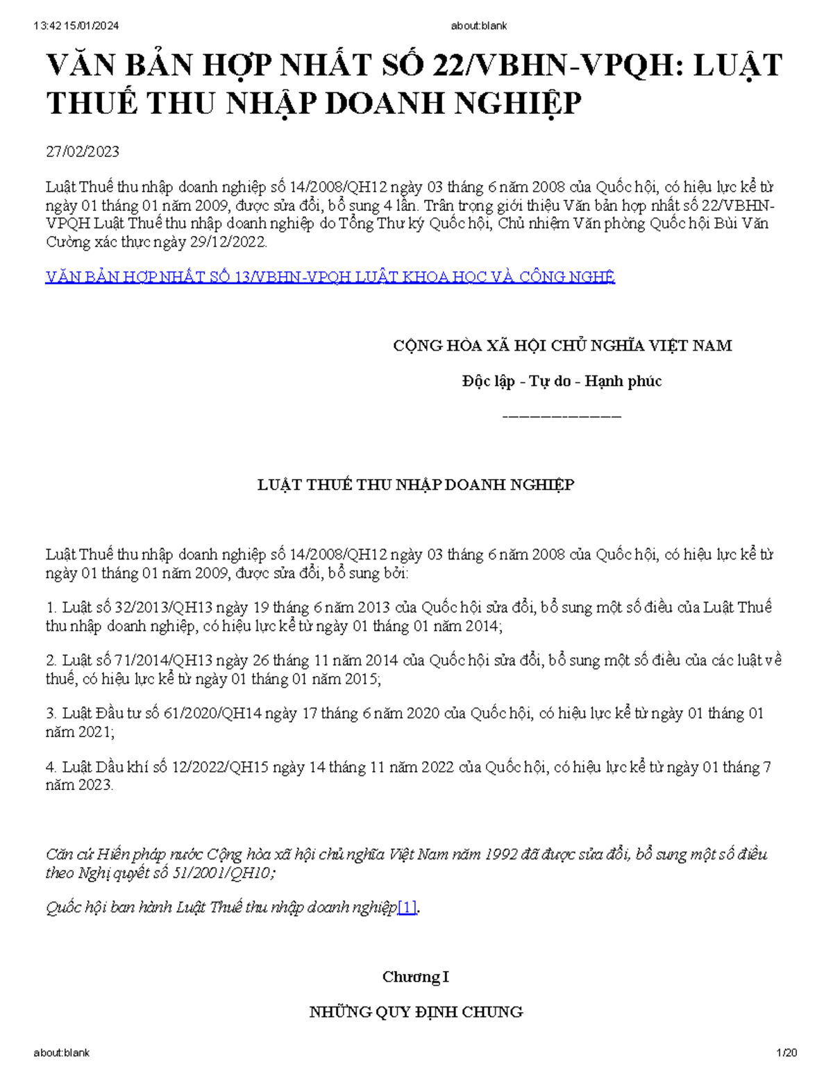 Download - VĂN BẢN HỢP NHẤT SỐ 22/VBHN-VPQH: LUẬT THUẾ THU NHẬP DOANH ...