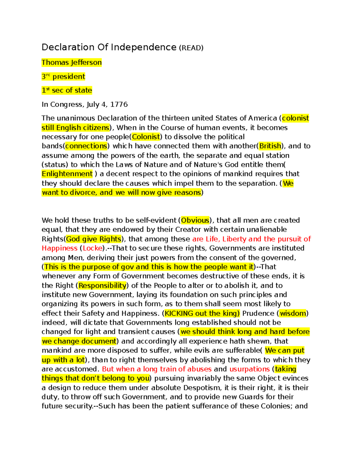 DOI Analyes - Declaration Of Independence (READ) Thomas Jefferson 3 rd ...