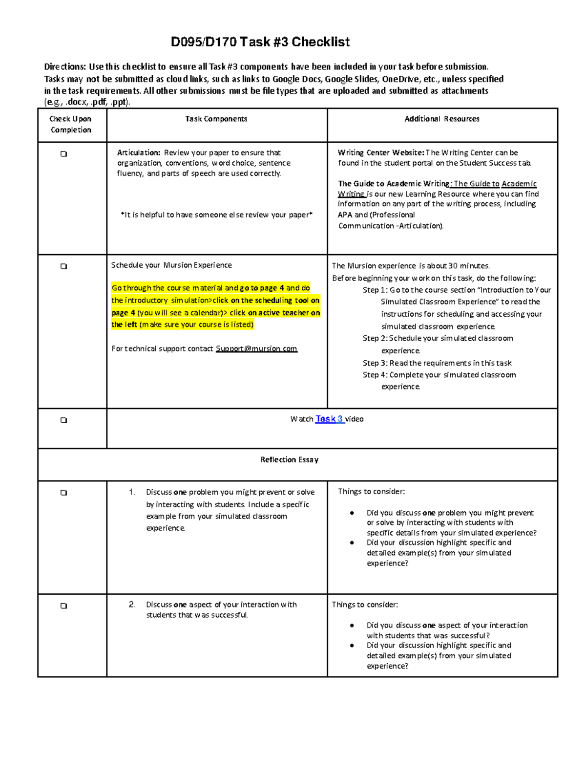 D095 Task 3 Checklist - D095/D170 Task # 3 Checklist Directions: Use this checklist to ensure ...