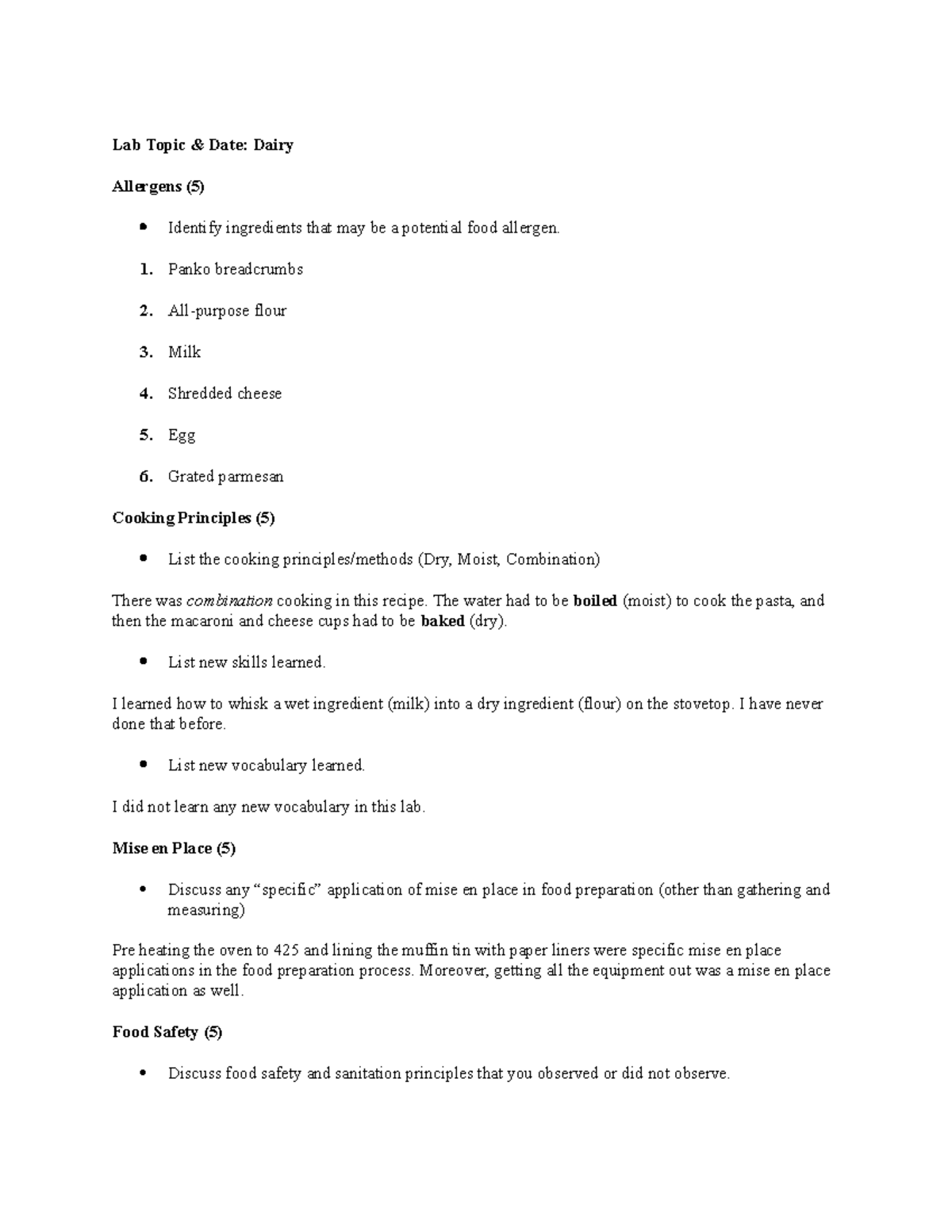 Dairy Lab Report - Lab Topic & Date: Dairy Allergens (5) Identify ...