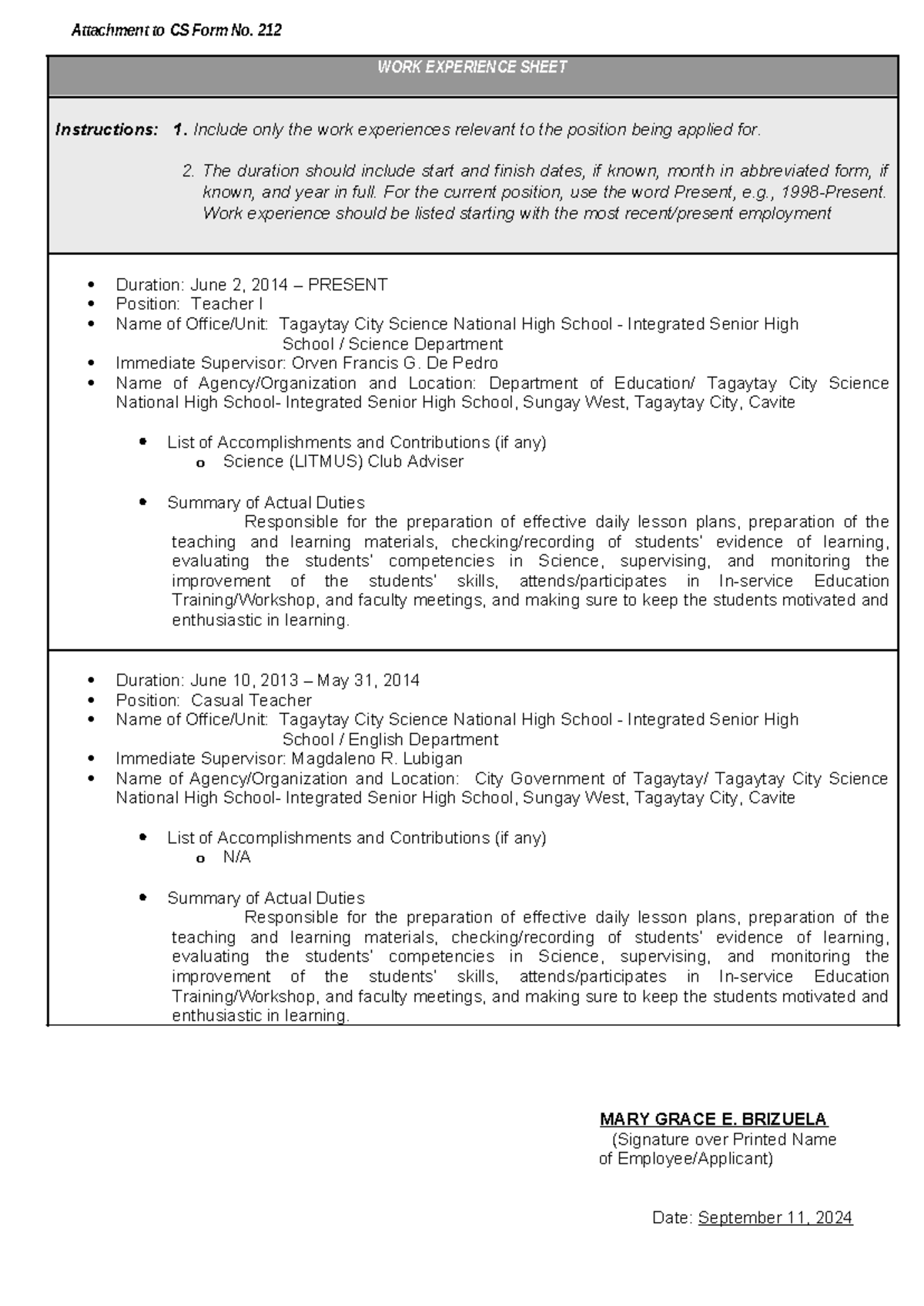 WORK Experience Sheet 1 s 1 - WORK EXPERIENCE SHEET Instructions: 1 ...
